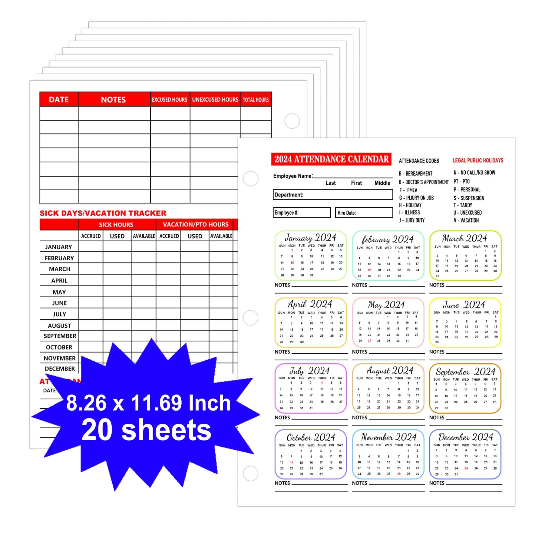 Amazon.com : 20 Sheets of 2024 Attendance Calendar Work Tracker ...