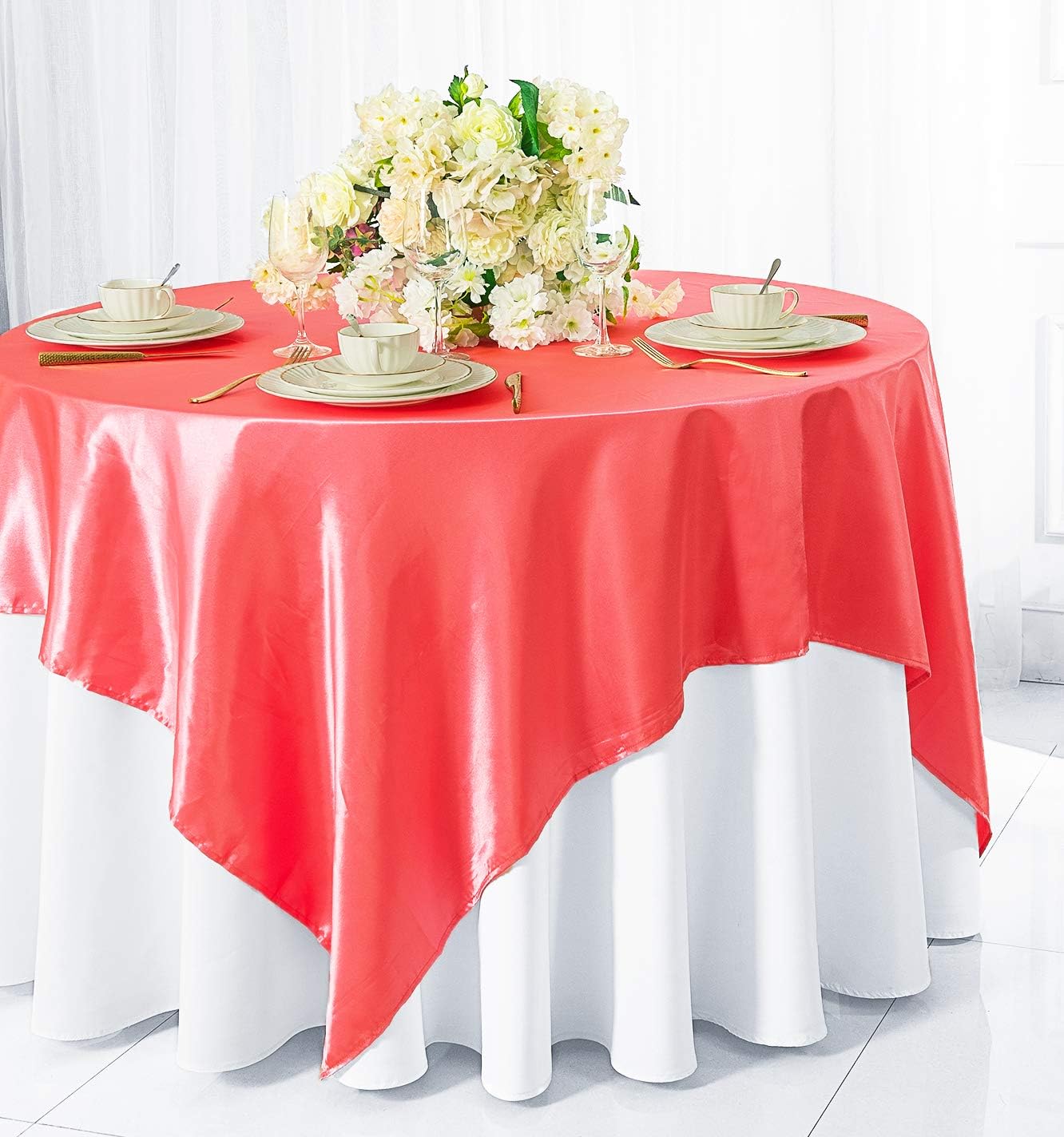 Amazon.com: Wedding Linens Inc. 85" Square Satin Table Overlays Toppers ...