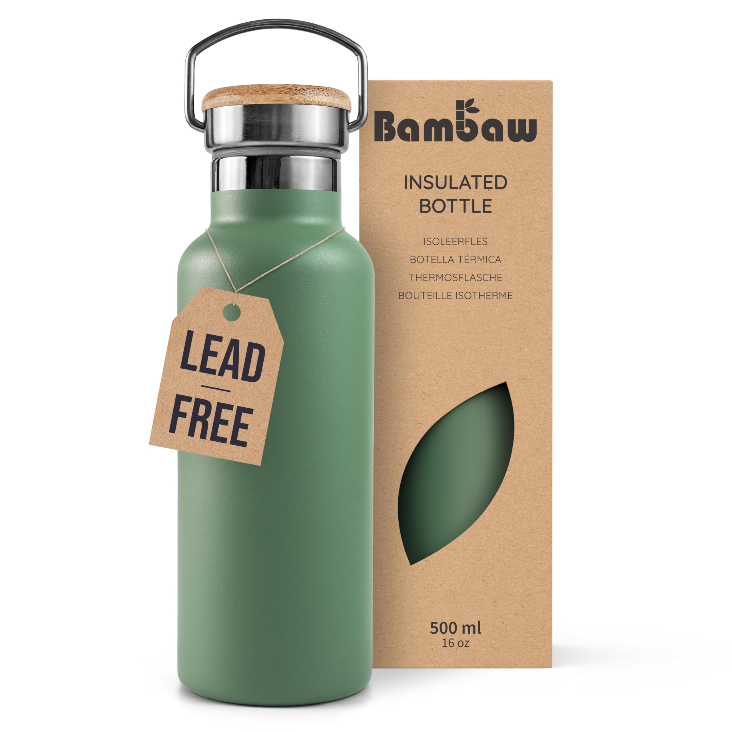 Bambaw Insulated Water Bottle 500ml, Green Water Bottle, Stainless ...