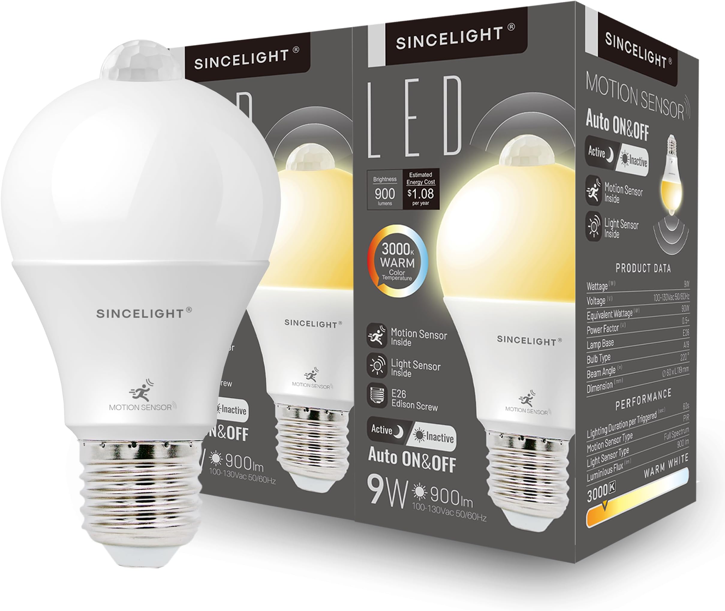 SINCELIGHT Motion Sensor LED Light Bulb 9W E26, PIR Motion-Activated in ...