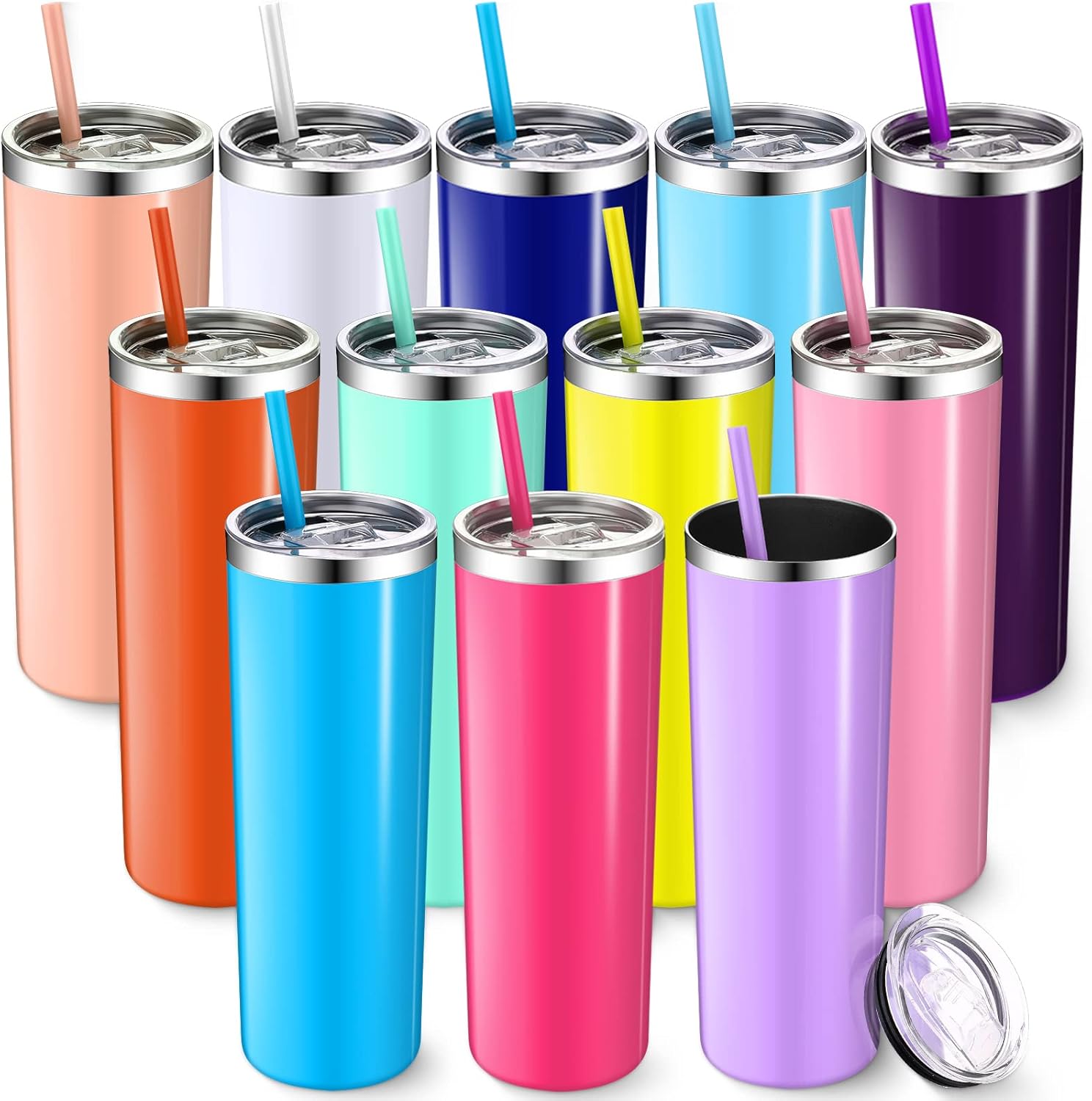 Amazon.com | 12 Pack Skinny Tumblers with Straws and Lids, 20 oz ...