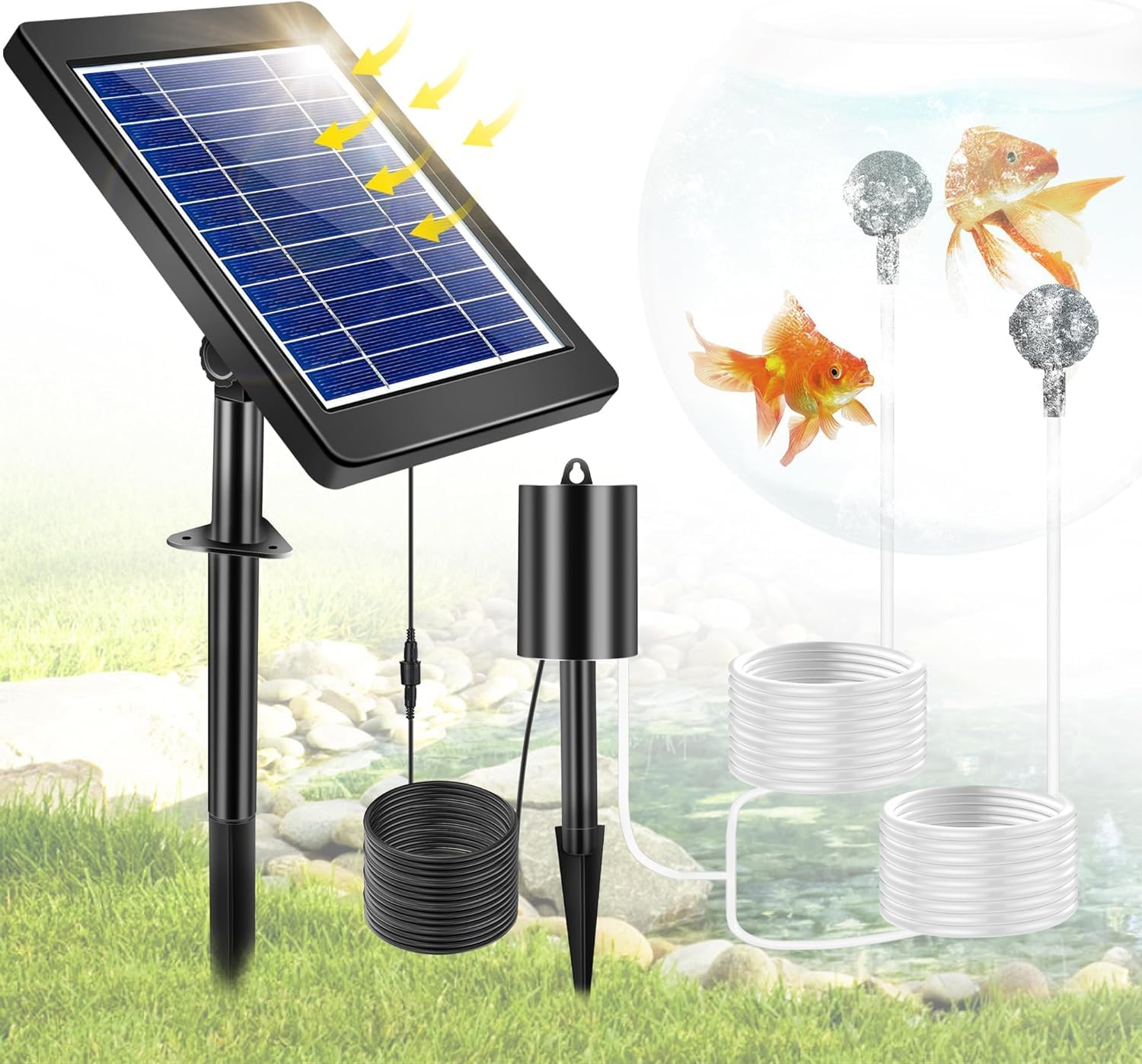 Solar Pond Aerator，4W Aquarium Air Pump Oxygenator，3 Modes Battery ...