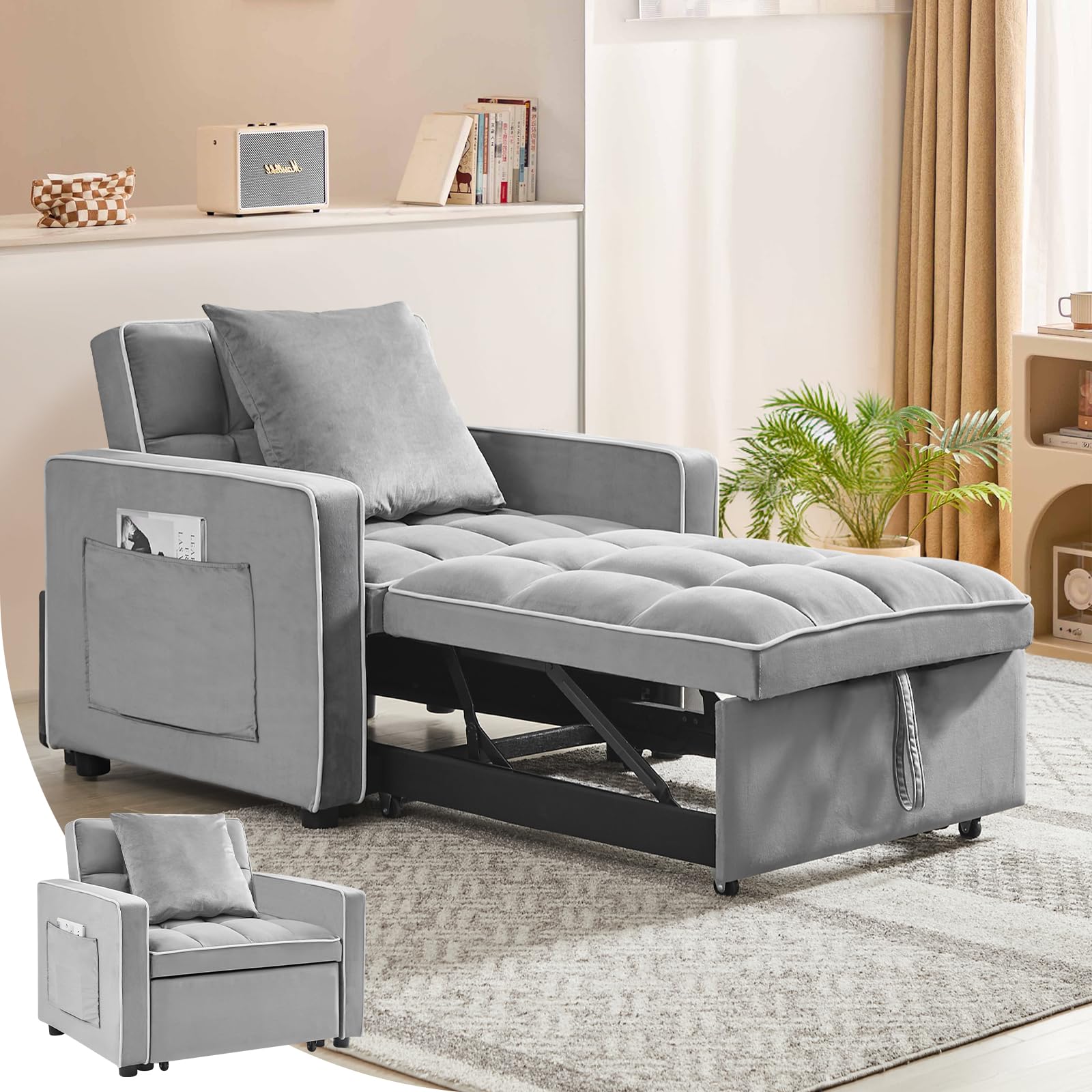 Amazon.com: CAPCAEK 3 in 1 Sleeper Sofa Chair Bed, Velvet Convertible ...