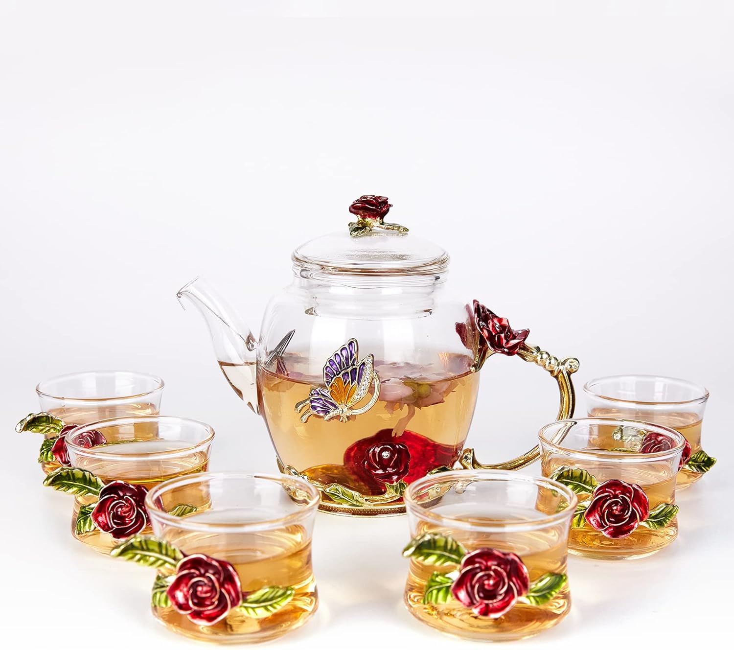 Tea Set, Small Glass Tea Pot(11 oz) and 6 Fancy Small Glass Tea Cups ...