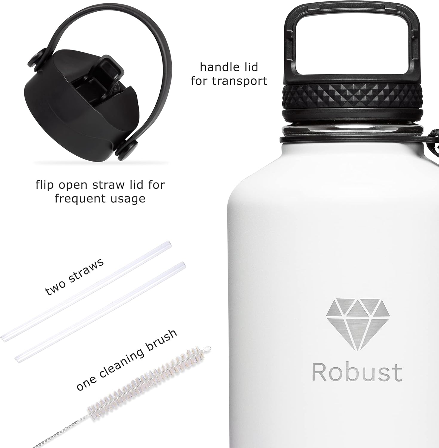 Robust White Large Vacuum Insulated 1.8 Litre Stainless Steel Water ...