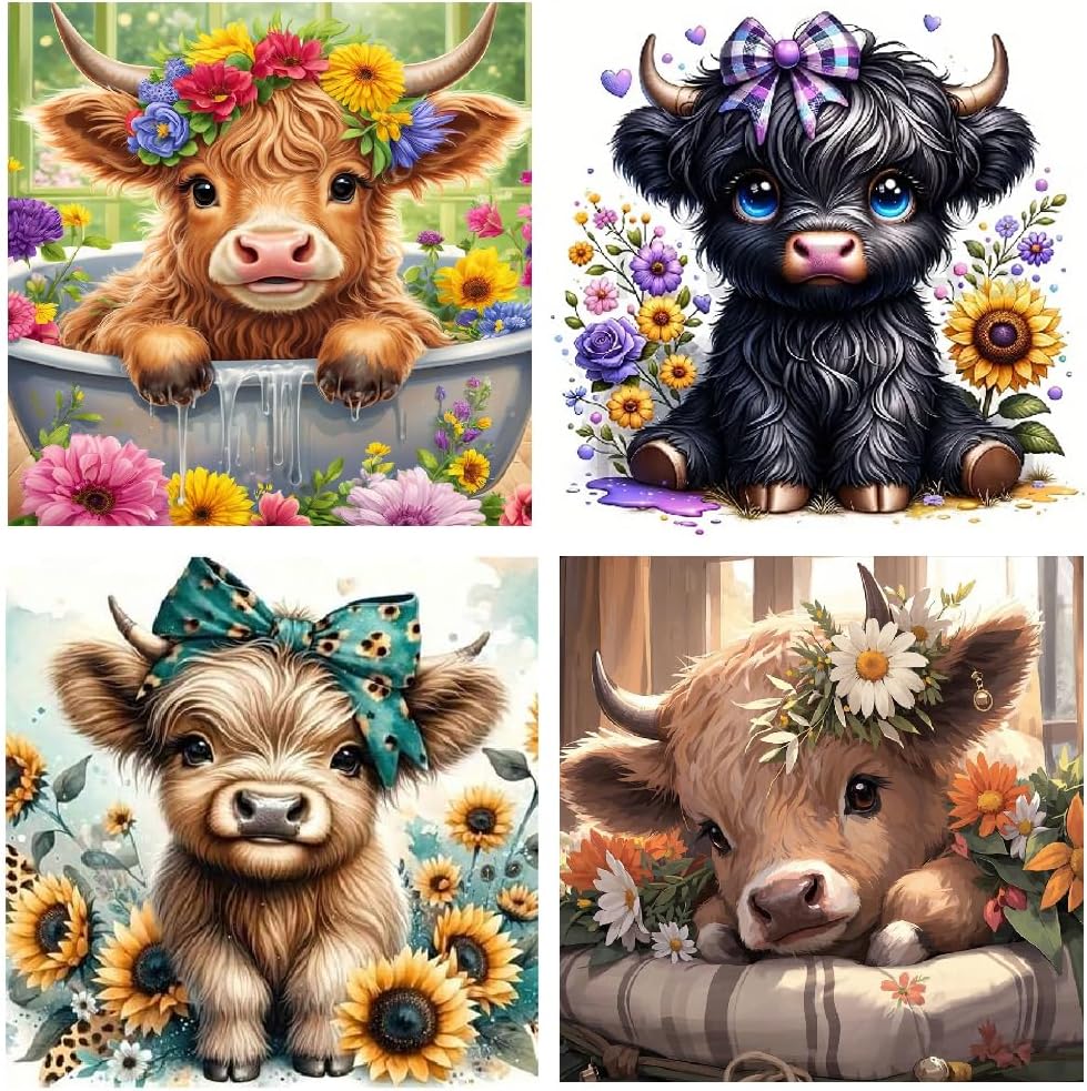 Amazon.com: 4 Pack Highland Cow Diamond Art Kit for Adults - Plateau ...