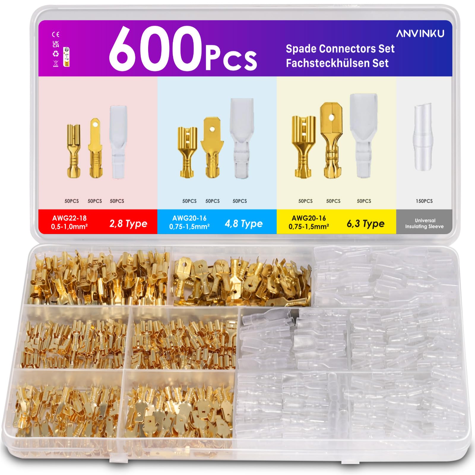 Spade Connectors, ANVINKU 600PCS Electrical Wire Connectors, Spade ...