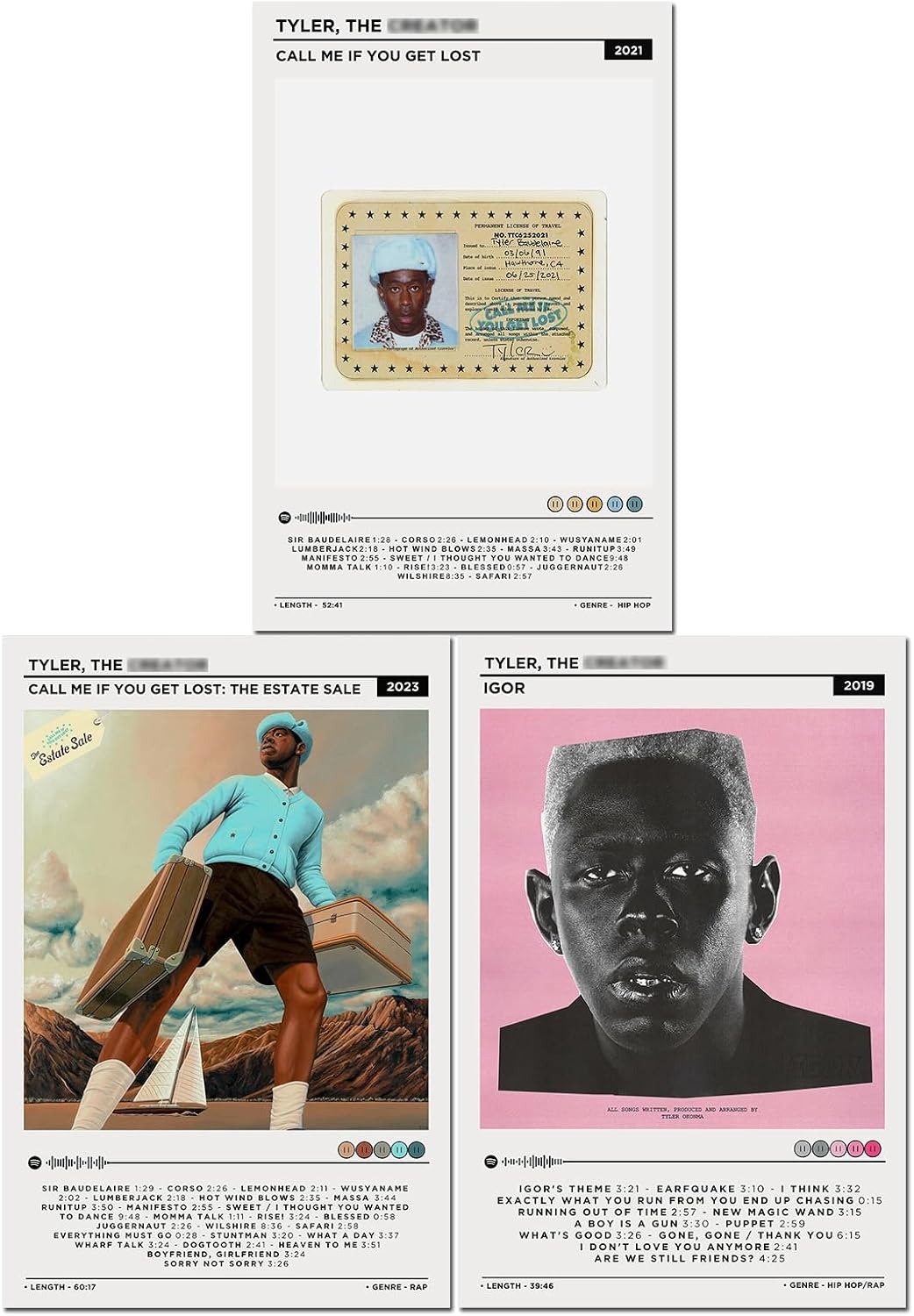 Amazon.com: Beue A Set of 3 canvas posters White,Tyler,IGOR, Album ...