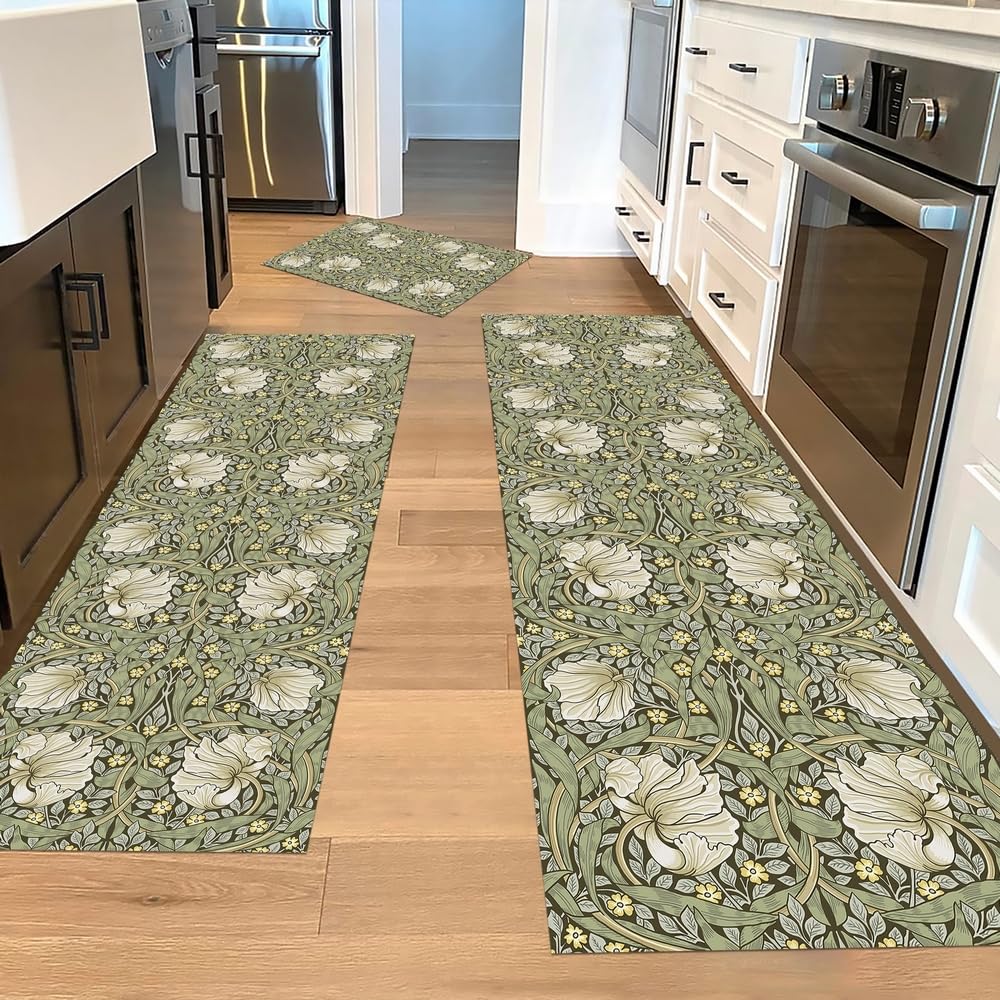William Morris Vintage Floral Kitchen Rugs Sets of 3,Non Slip Rubber ...