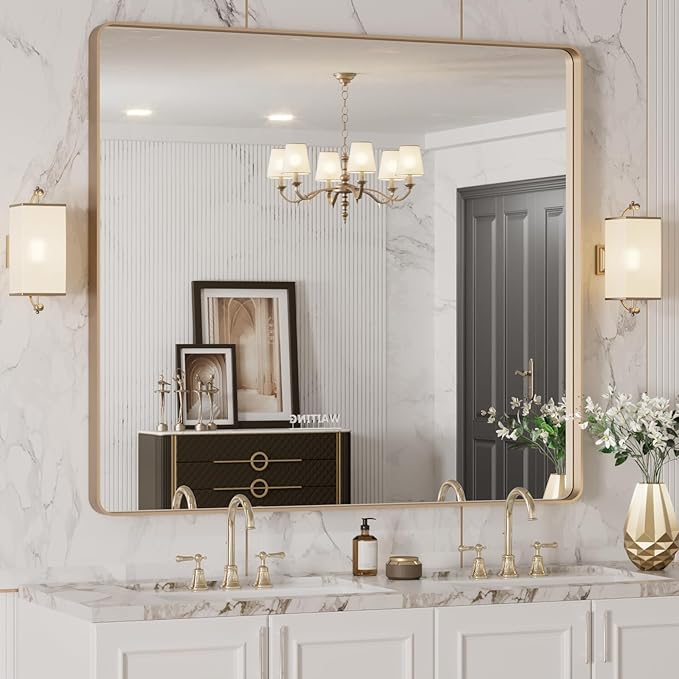 Amazon.com: LOAAO 40”X36” Gold Bathroom Mirror, Rounded Rectangle Gold ...