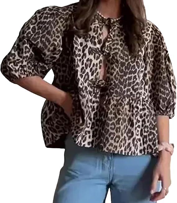 Tie Front Tops Women Y2k Leopard Print Peplum Babydoll Top 3/4 Length ...