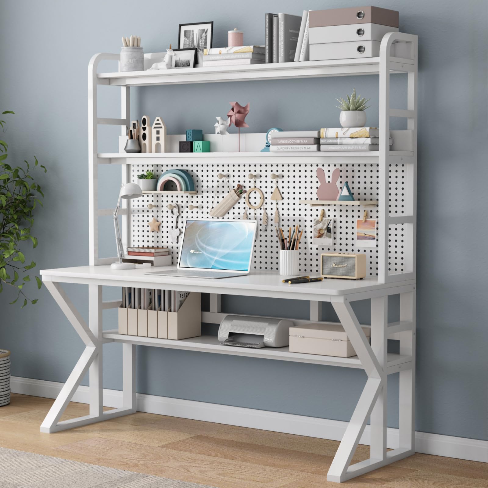 Amazon.com: FAANAS Computer Desk with Storage Shelves & Pegboard, Solid ...