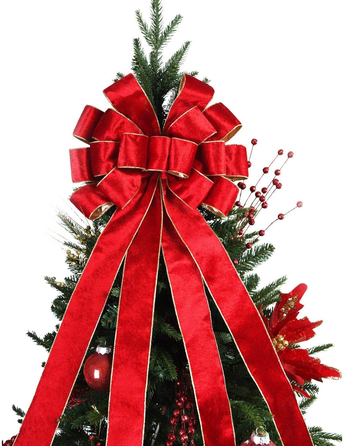 Amazon.com: Waydress Christmas Tree Topper Red Bow Tree Toppers with ...