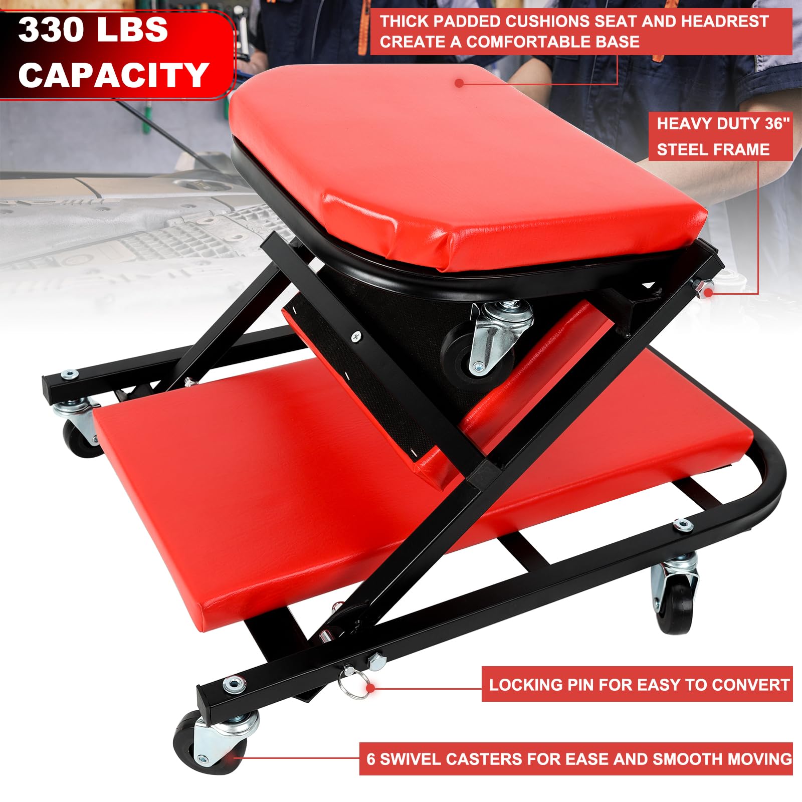 Snapklik.com : 36" Inch Foldable Creeper Seat, 2 In 1 Z Shape Creeper ...