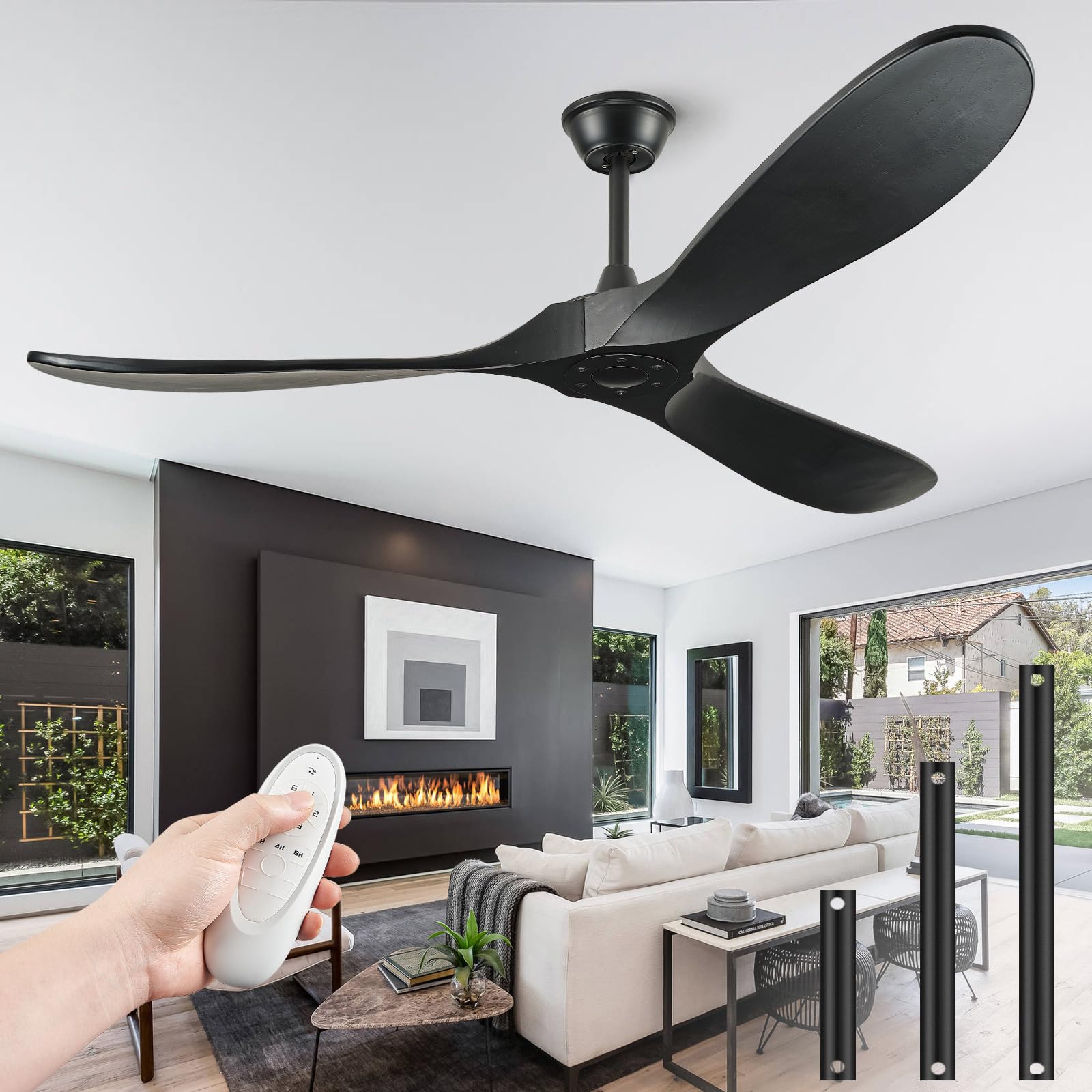 60" Ceiling Fans Without Light, Solid Wood Ceiling Fan with Remote ...