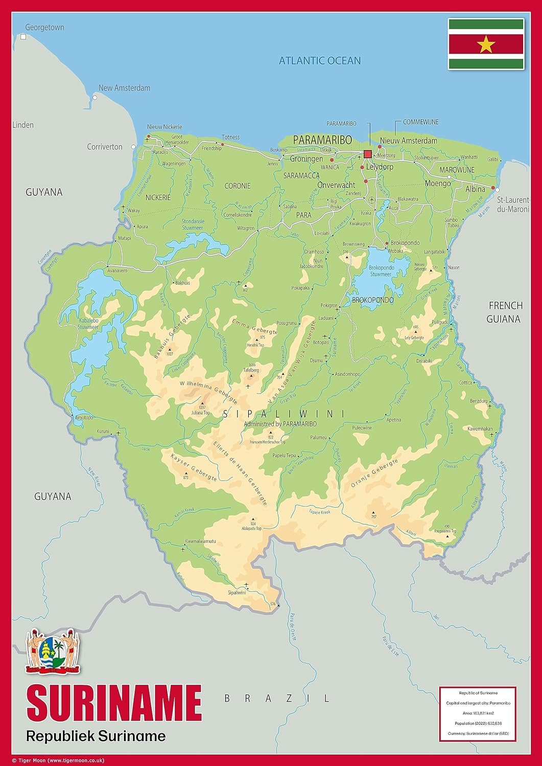 Amazon.com : Suriname Physical Map - 23.3 x 16.5 Inches - Paper ...