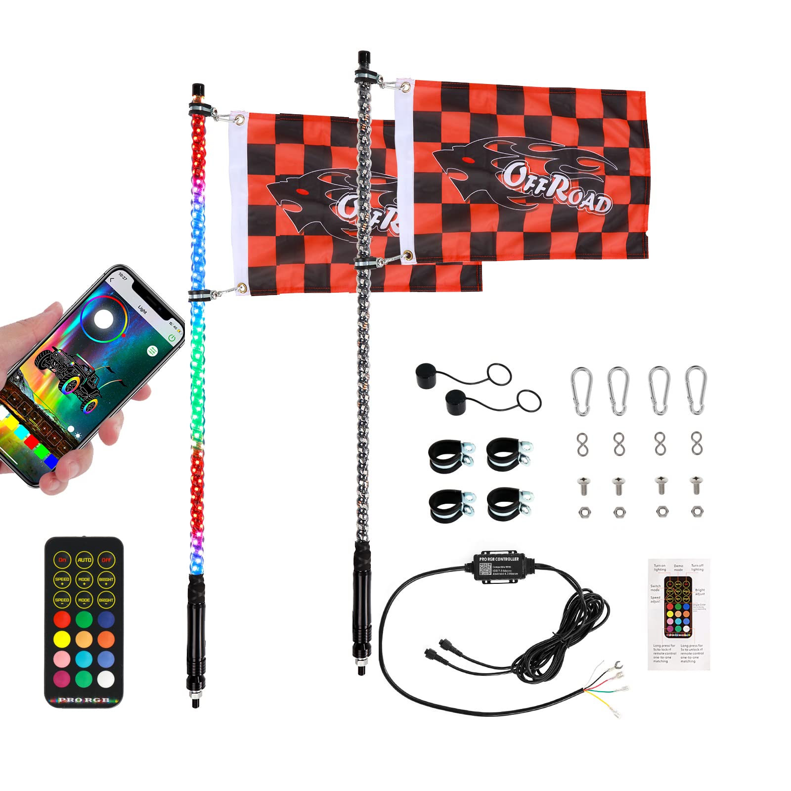 RGB Color Changing Spiral Whip Lights Off Road LED Dual Whip Lights For ...
