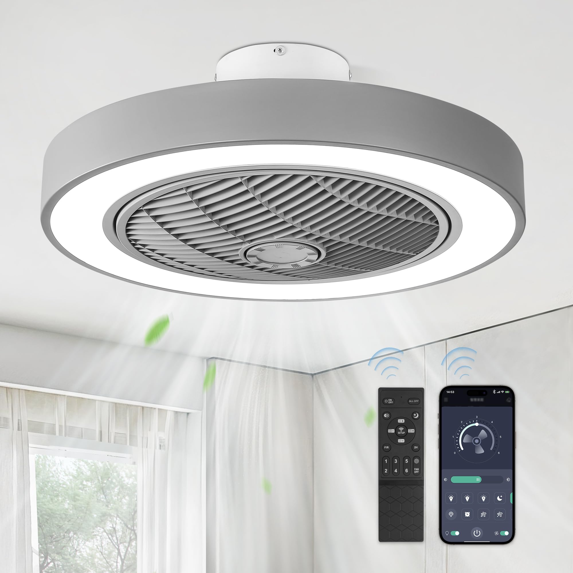 LEDIARY 22in Enclosed Ceiling Fan with Light and Remote, Grey Modern ...