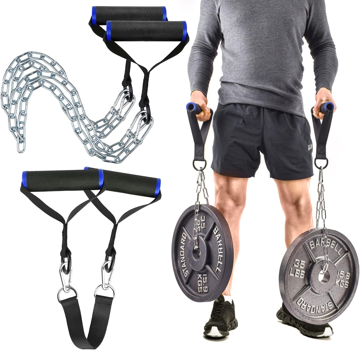 Logest Farmer's Walk Handle Set with Chain - Set 2 Stainless Steel ...