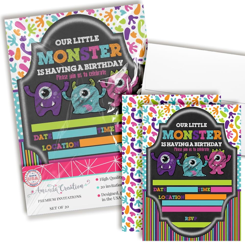 Amazon.com : Chalkboard Monster Birthday Party Invitations, 20 5x7 Fill ...
