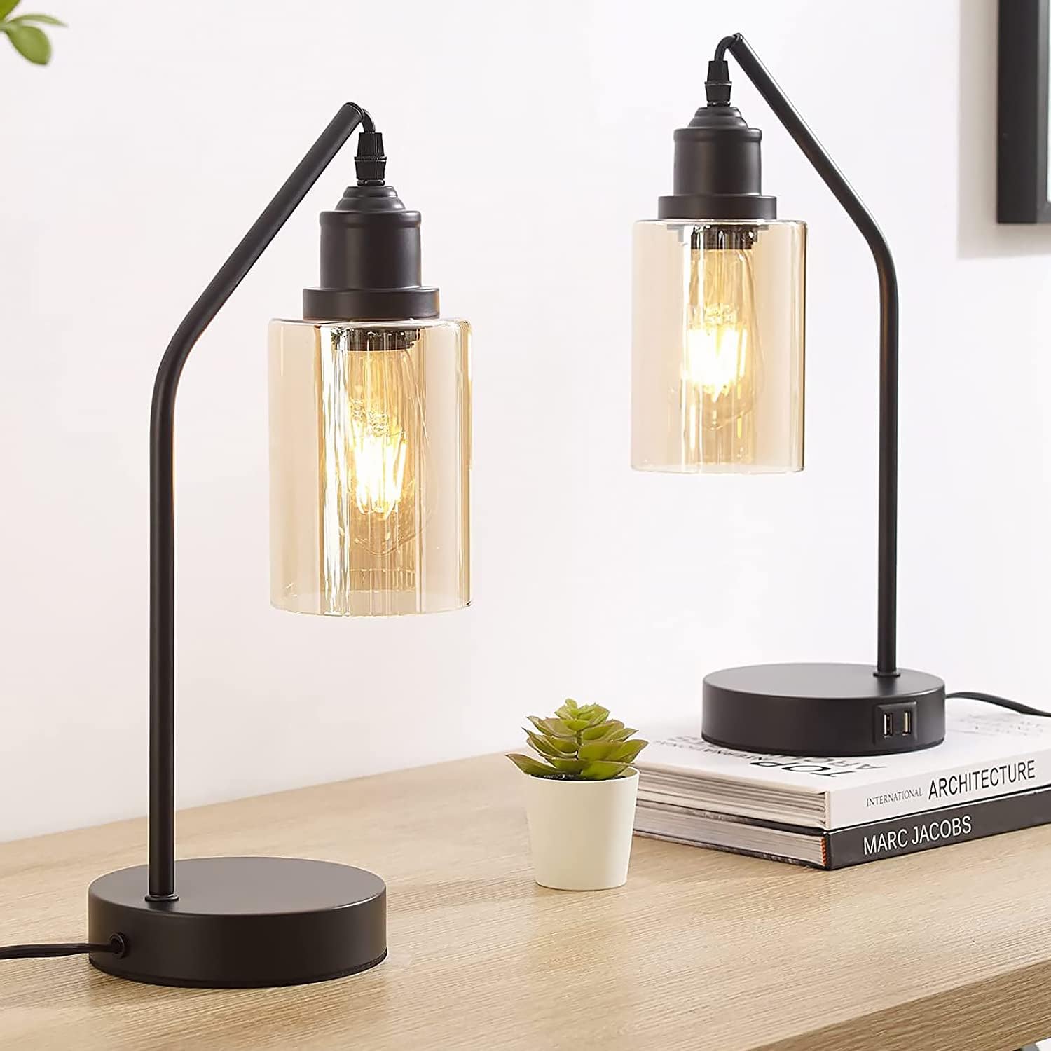 Vikdio Set of 2 Industrial Table Lamps with USB A+C Charging Ports and ...