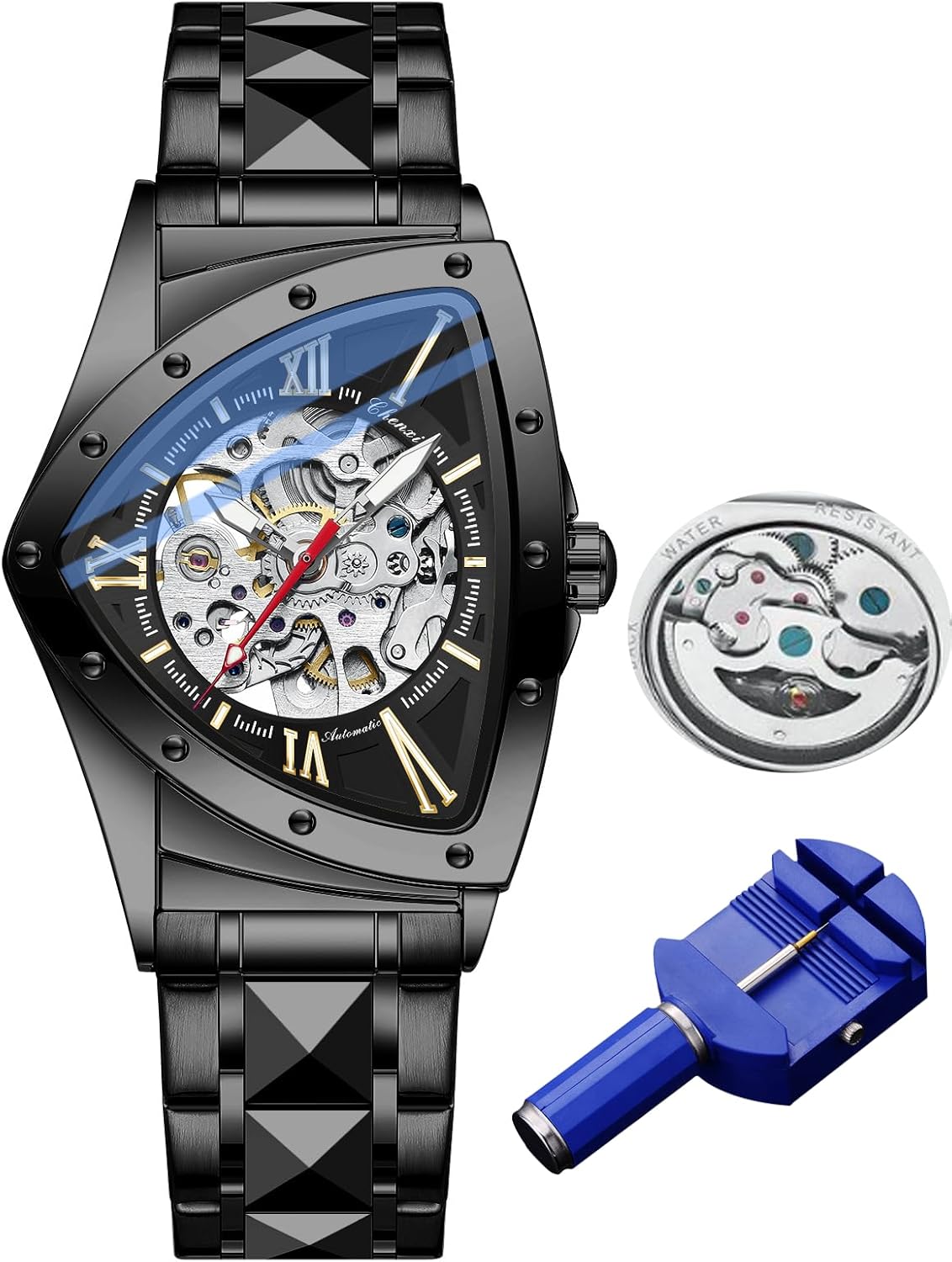Amazon.com: Automatic Skeleton Watch for Men, Triangle Dial, Stainless ...