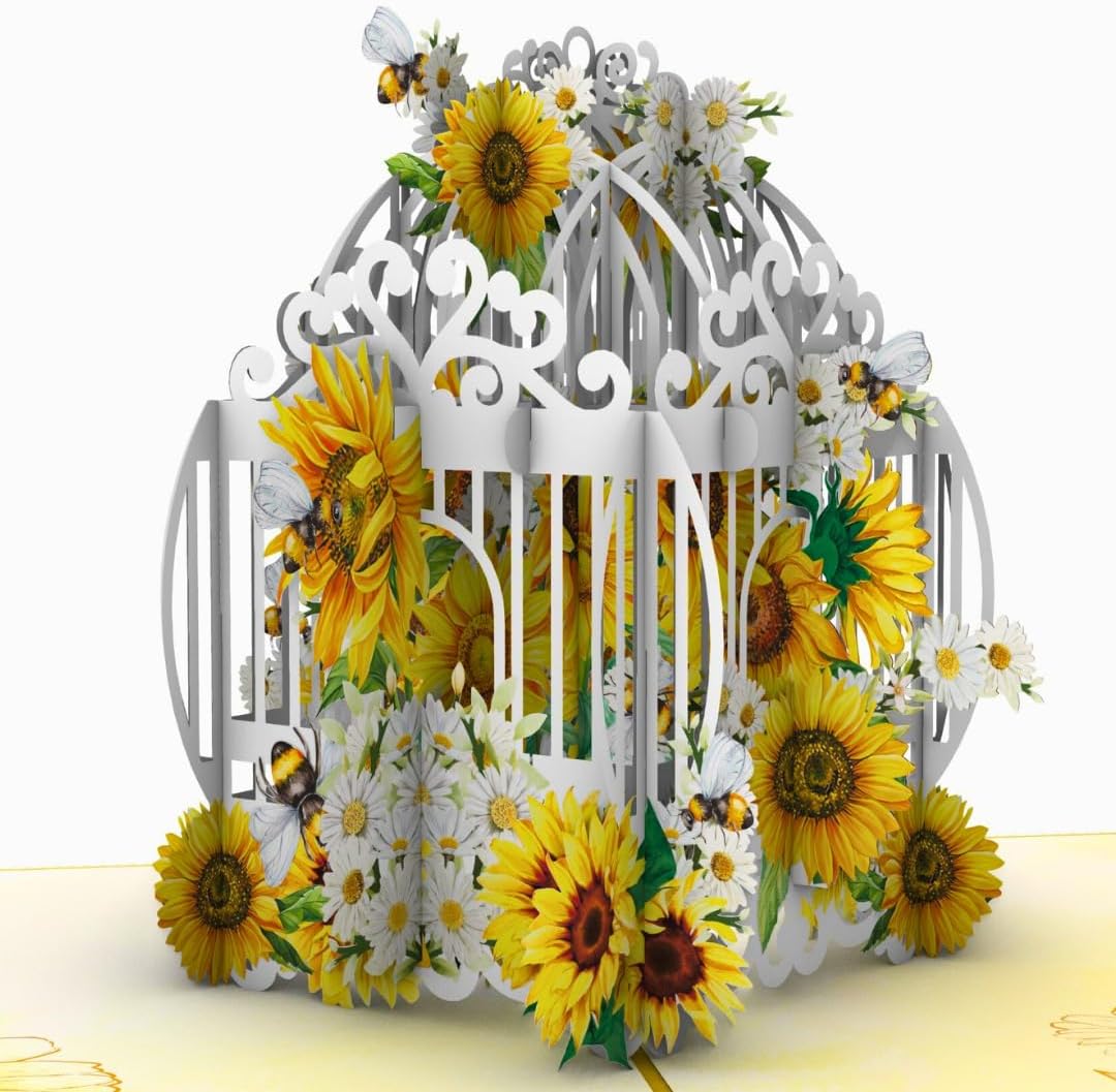 Three Dee Cards - Charming Sunflower, Daisy and Bee Birdcage Flower 3D ...