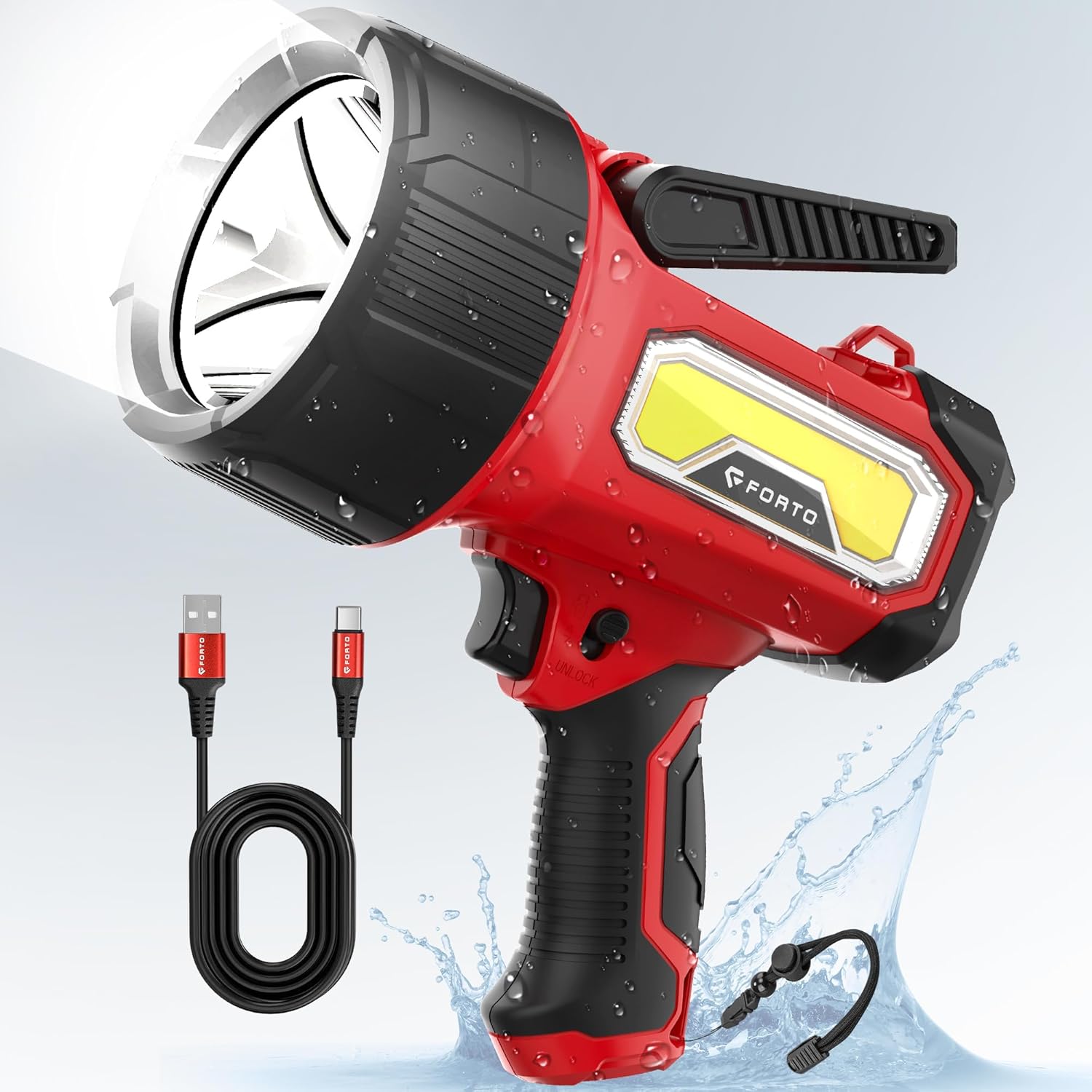 FORTO Rechargeable Spotlight Flashlight with 2000 Lumens, Handheld ...