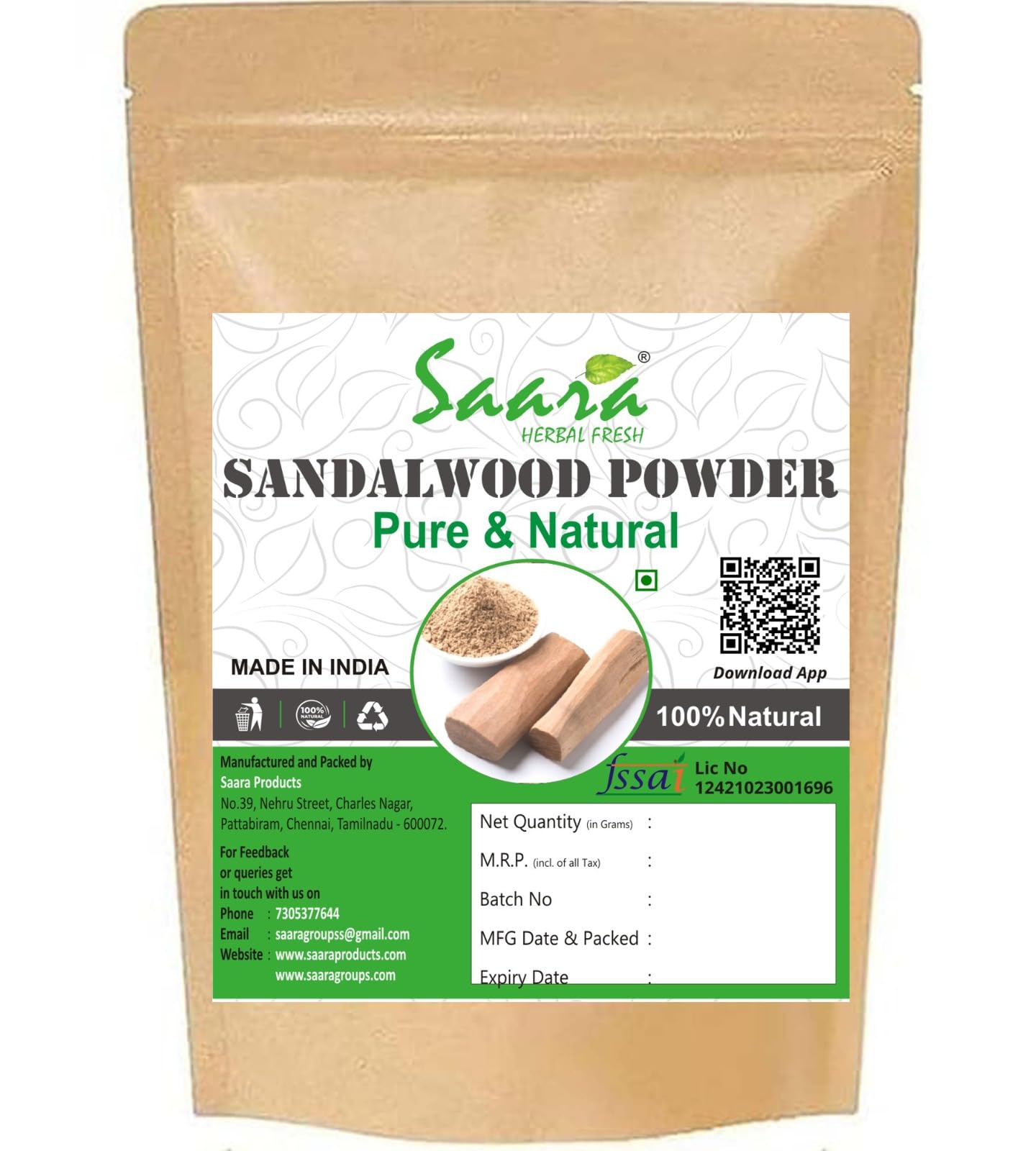 Saara HERBAL FRESH Sandalwood Powder (450grams), Chandan, Santalum ...