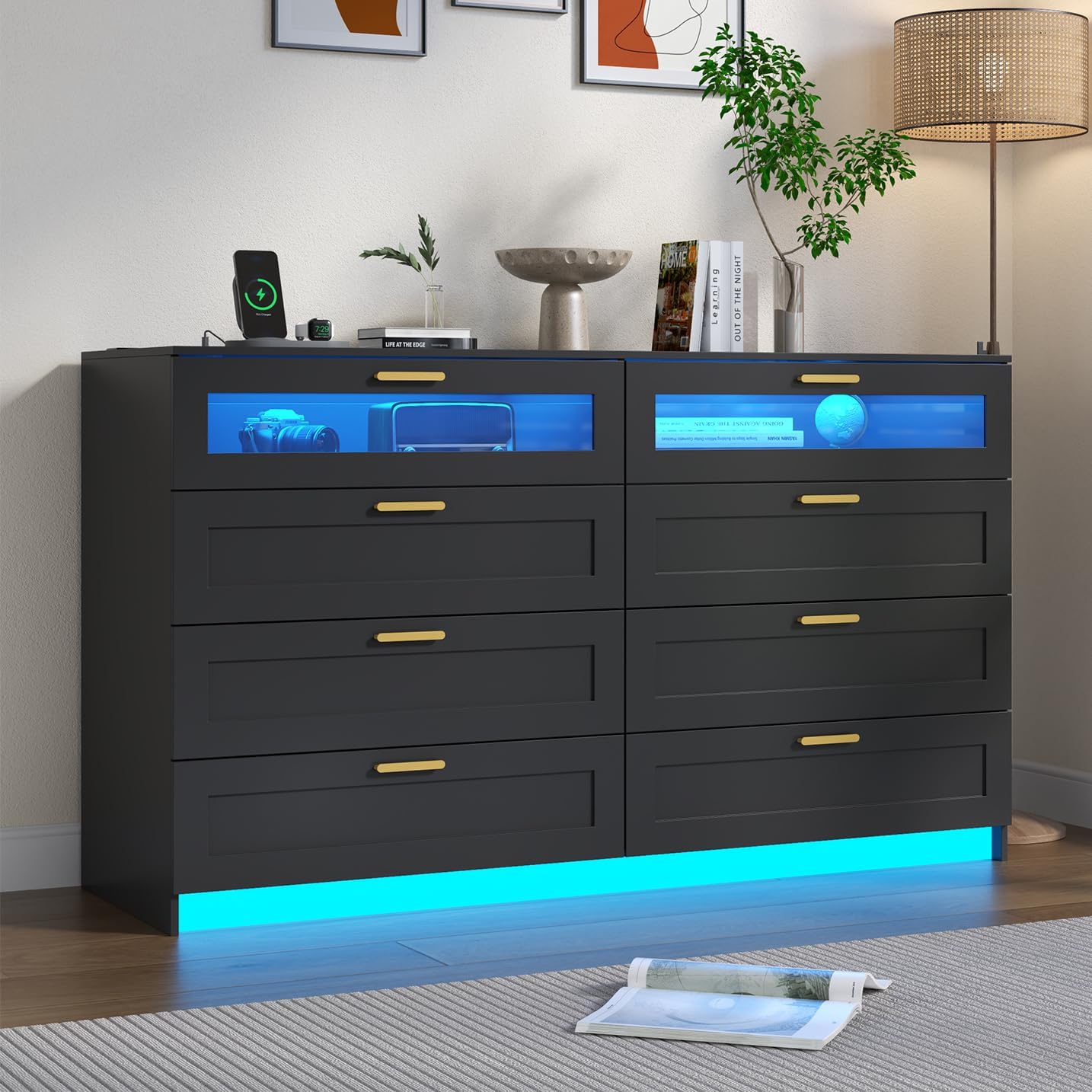 Amazon.com: Yeyawomy Black 6 Drawer Dresser with Charging Station & Led ...