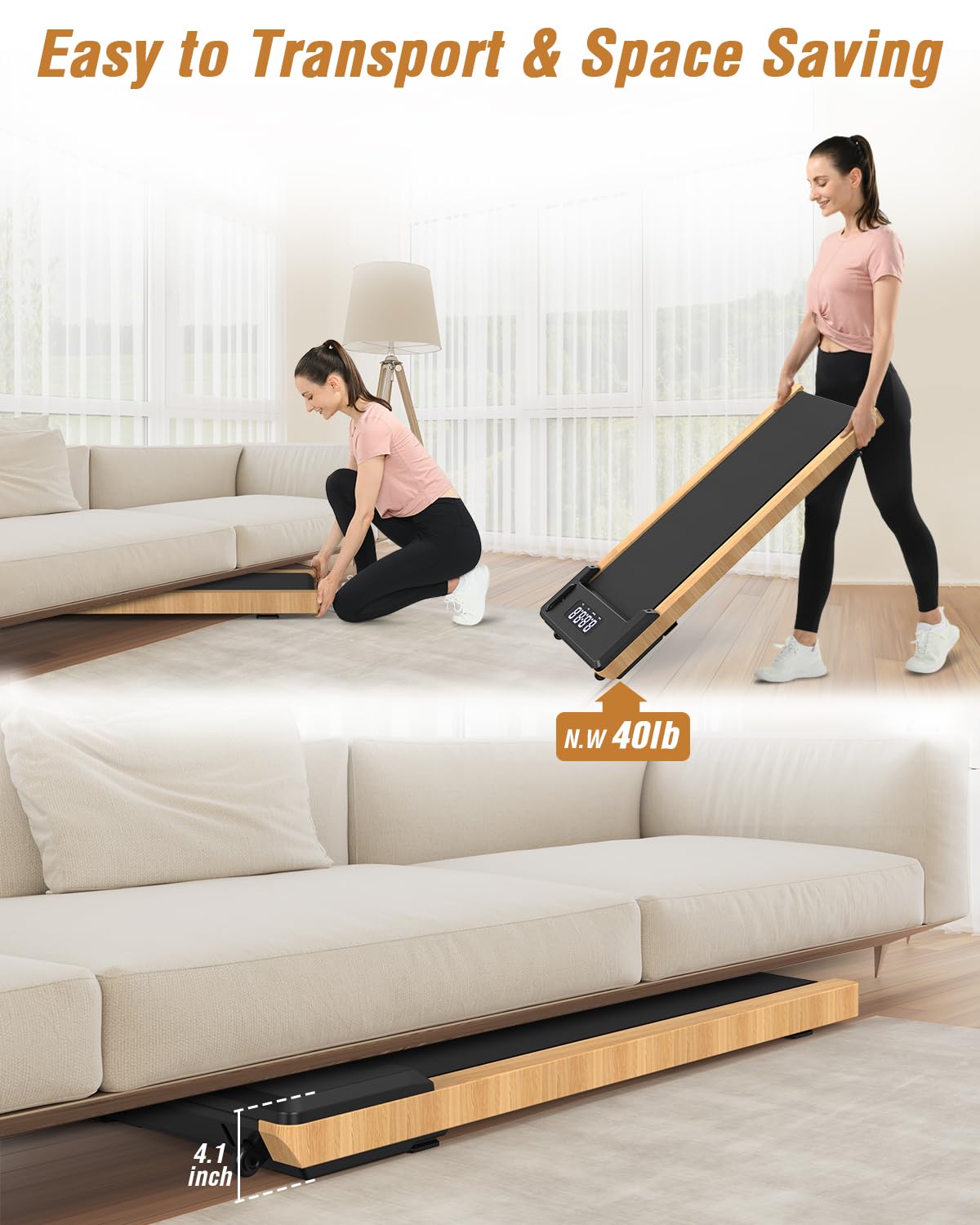Snapklik.com : Under Desk Treadmill Walking Pad Wooden 2 In 1 Portable ...