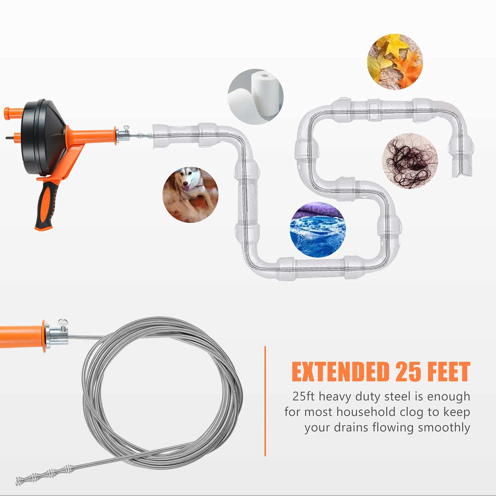 Sclvdi 25Ft Flexible Plumbing Snake Drain Auger with Drill Adapter ...