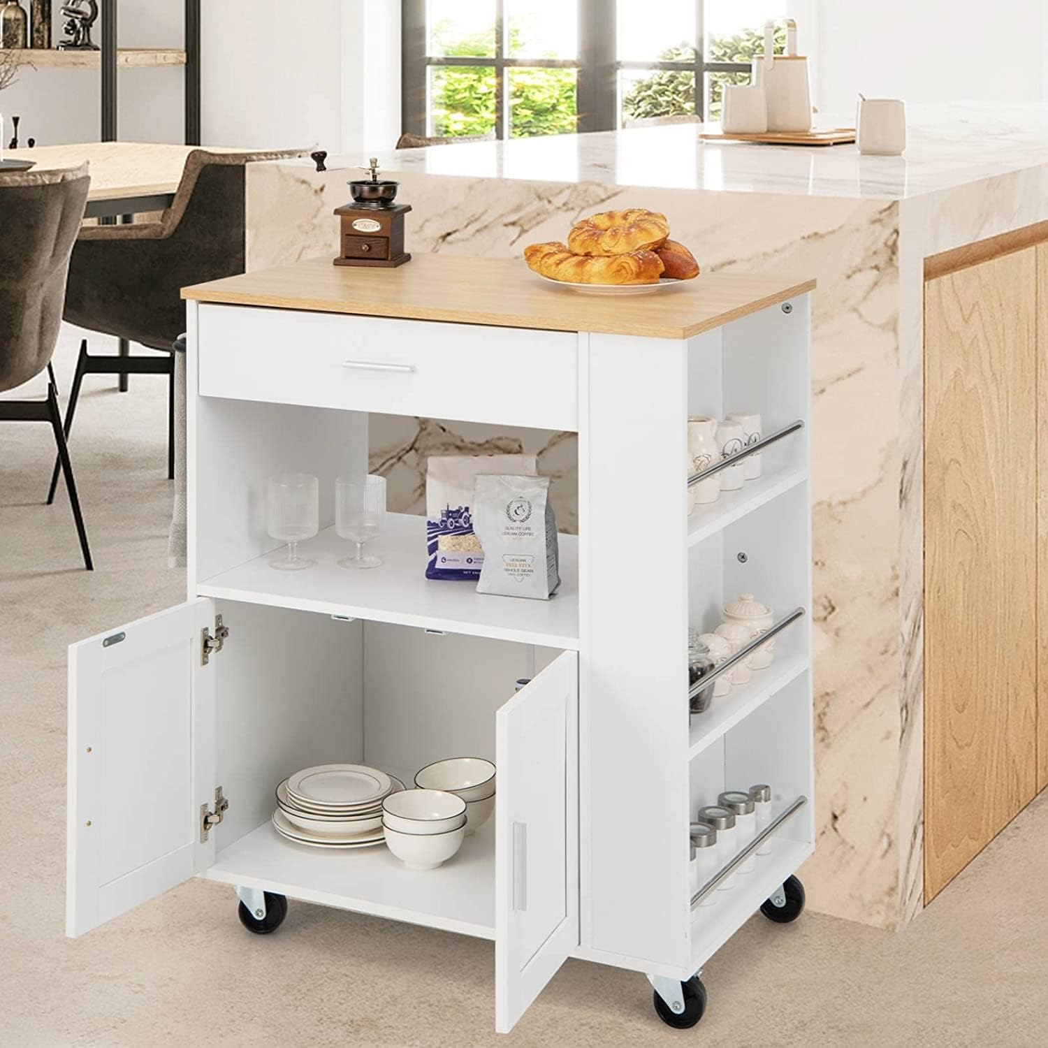 TANGZON Large Kitchen Island on Wheels, Rolling Storage Trolley with ...