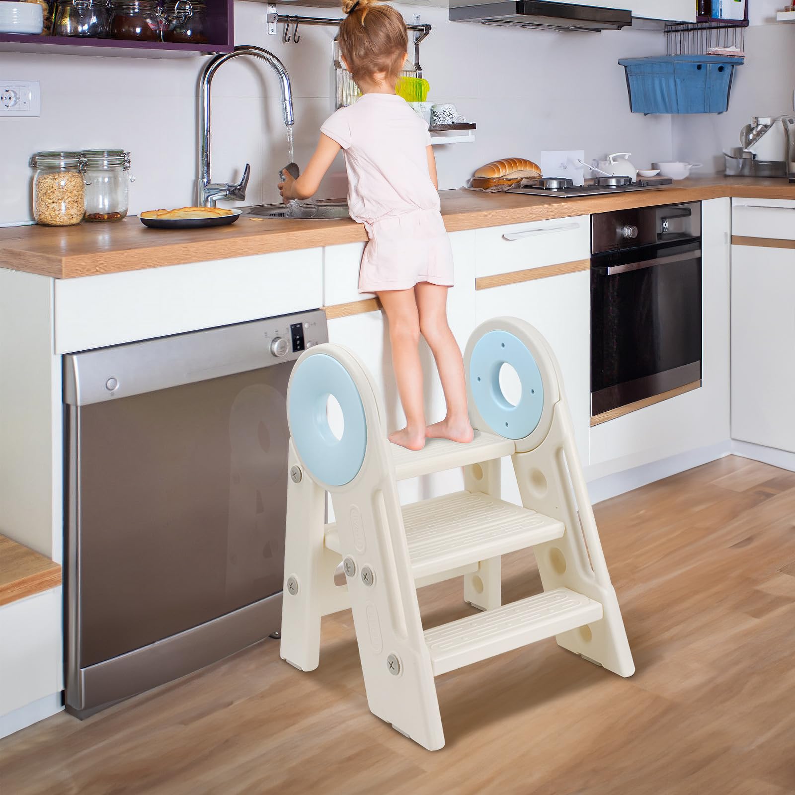 Woonyee Foldable Toddler Step Stool for Bathroom Sink, Adjustable 3 ...