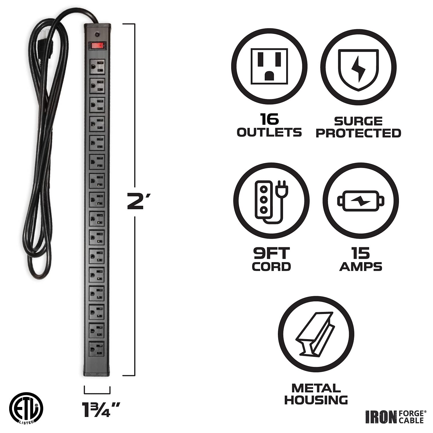 Iron Forge Cable 16 Outlet Power Strip Surge Protector with Mountable ...