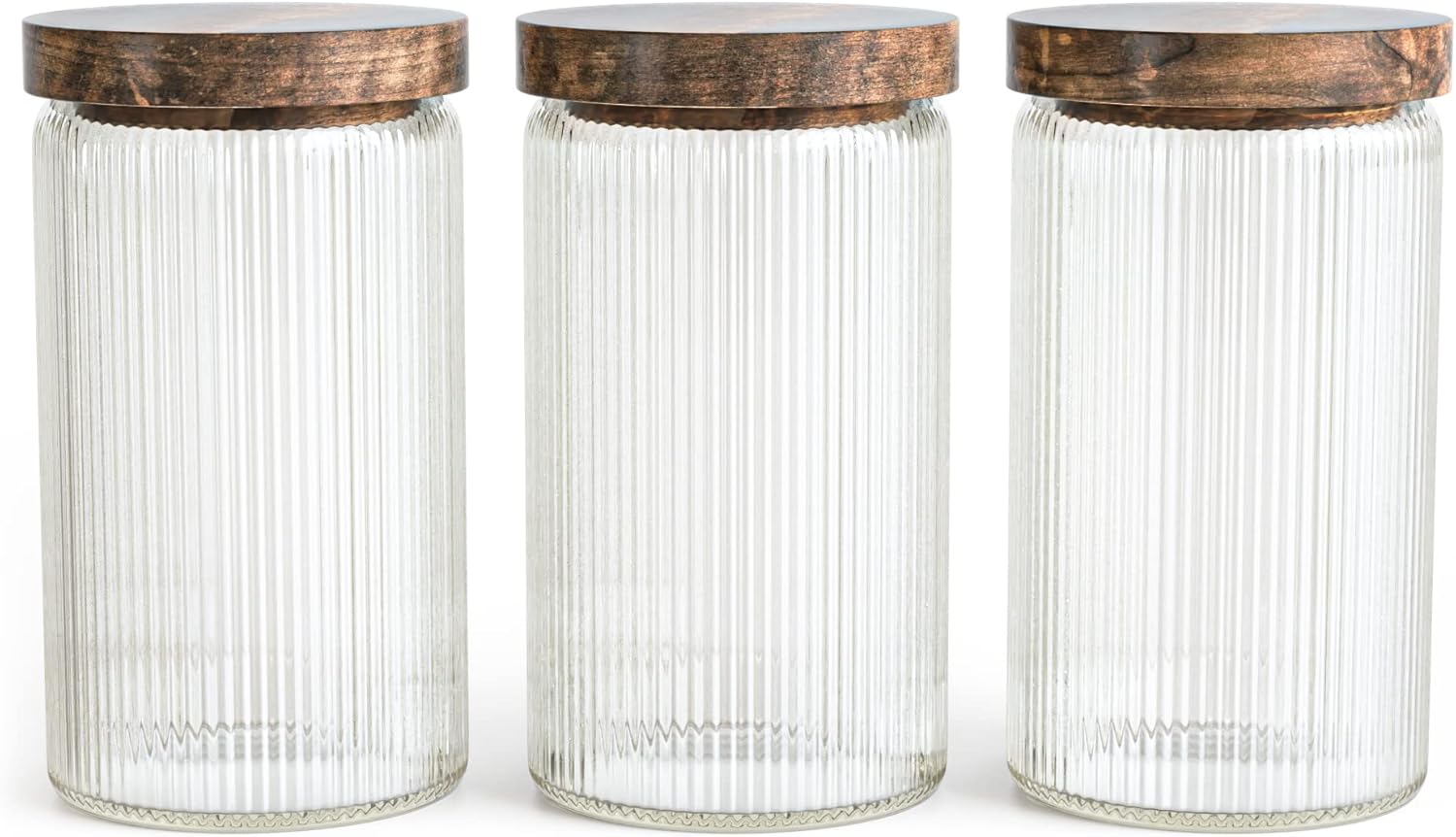Set of 3 Fluted Glass Jar with Wooden Lid 27oz | Airtight Ribbed Glass ...