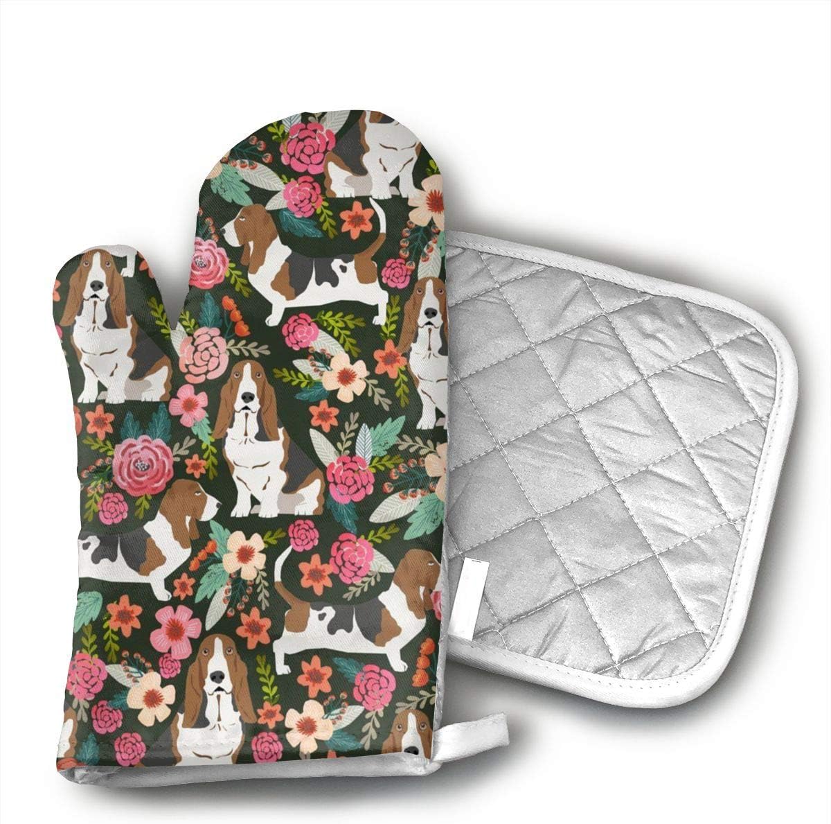 Amazon.com: antcreptson Basset Hound Florals Oven Mitts and Pot Holders ...