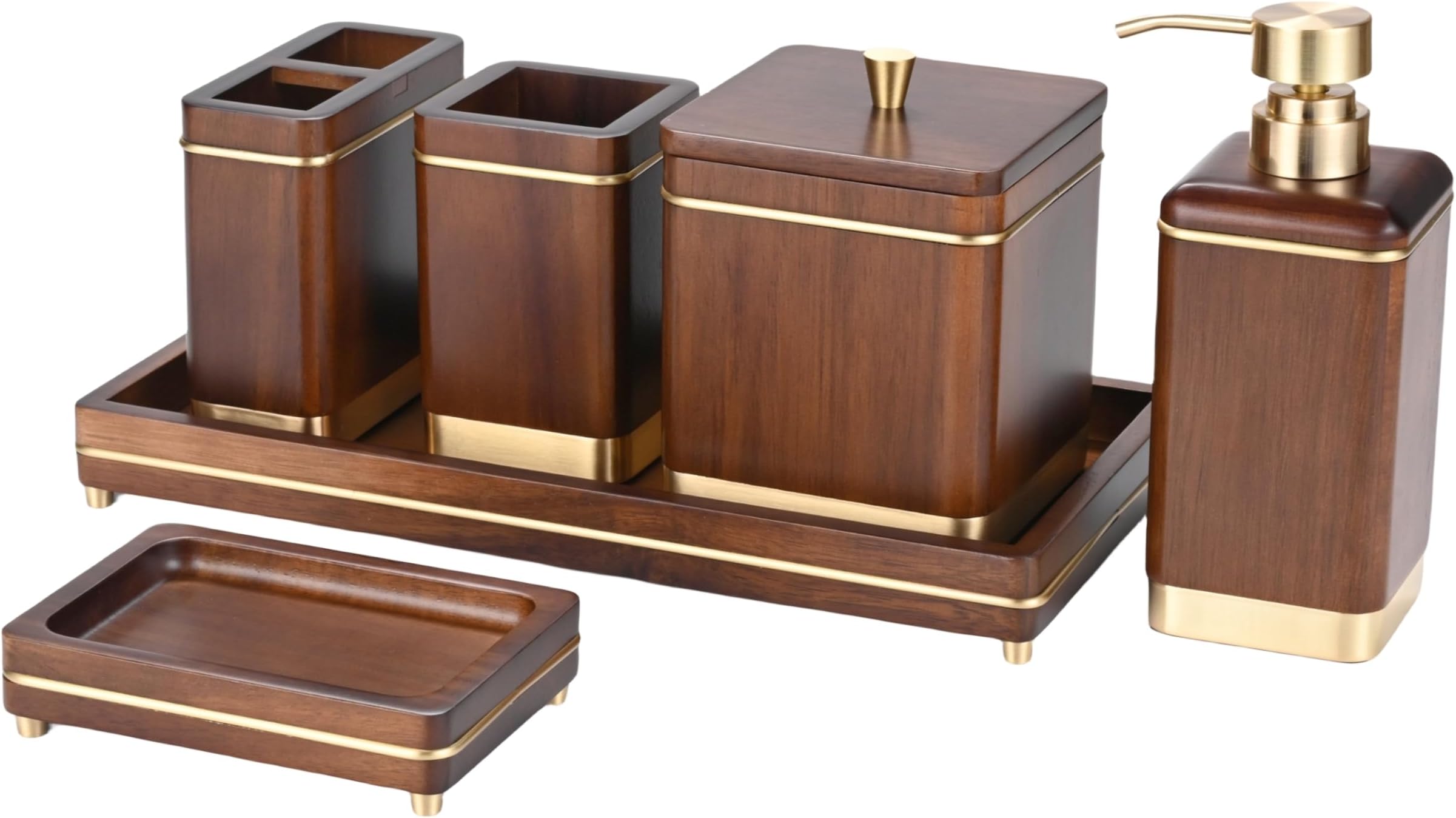 Amazon.com: MIHIRO 6 Piece Solid Acacia Wood Bathroom Accessory Set ...