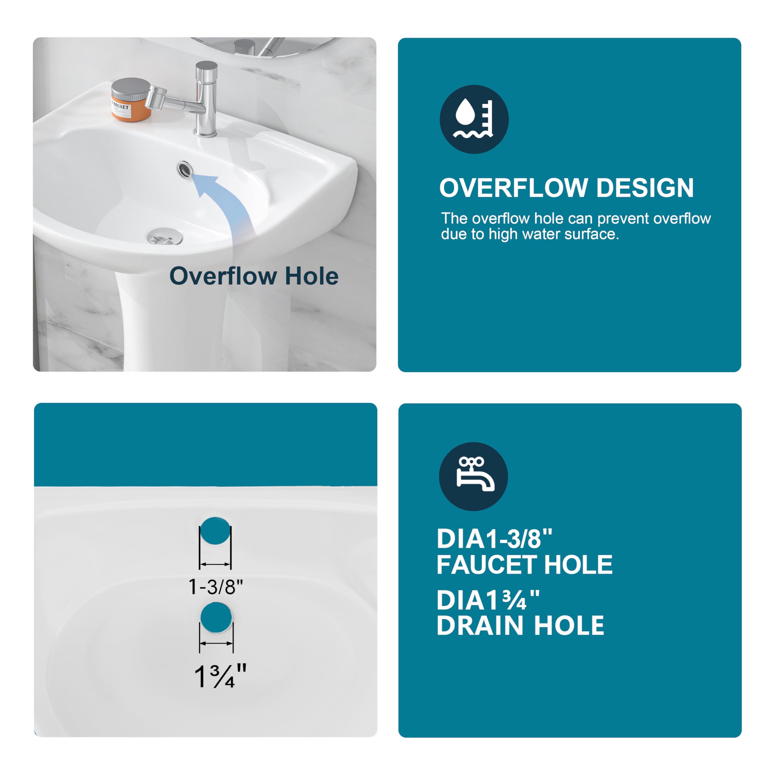 Snapklik.com : Small Pedestal Sink White 1 Hole, 20 X 17 Inch Bathroom ...