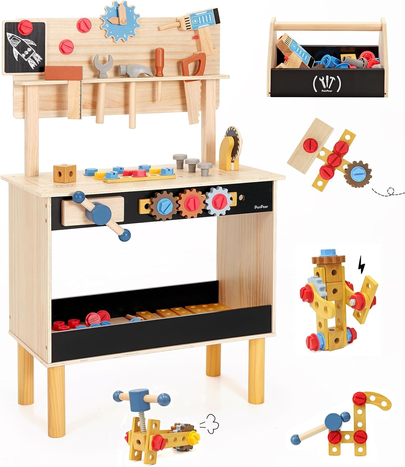Amazon.com: PairPear Wooden Kids Tool Bench & Carry Toolbox – 71 Pcs ...