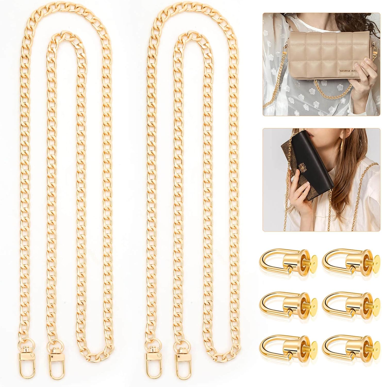 Amazon.com: 47" DIY Gold Shynek 2 Pieces Flat Chain Strap With D Ring ...