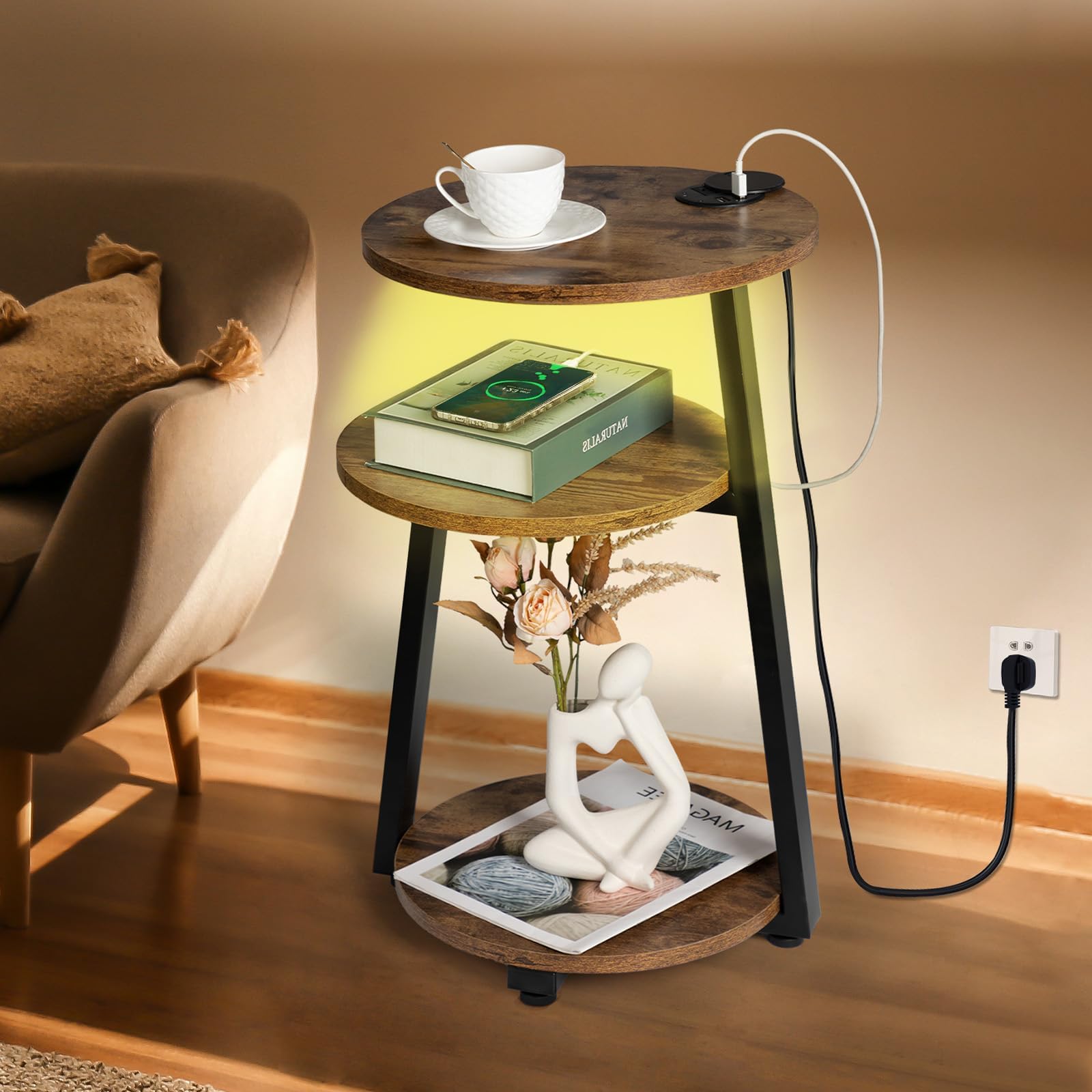 Amazon.com: Small Round Side Table with Charging Station for Small ...