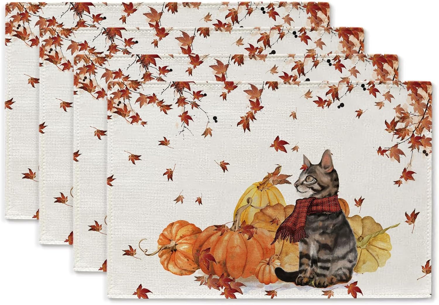Amazon.com: Fall Placemats Cat Maple Leaves Pumpkins Set of 4 Washable ...