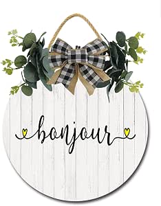 Amazon.com: Bonjour Sign with Bow Knot Front Door Round Wood Hanging ...