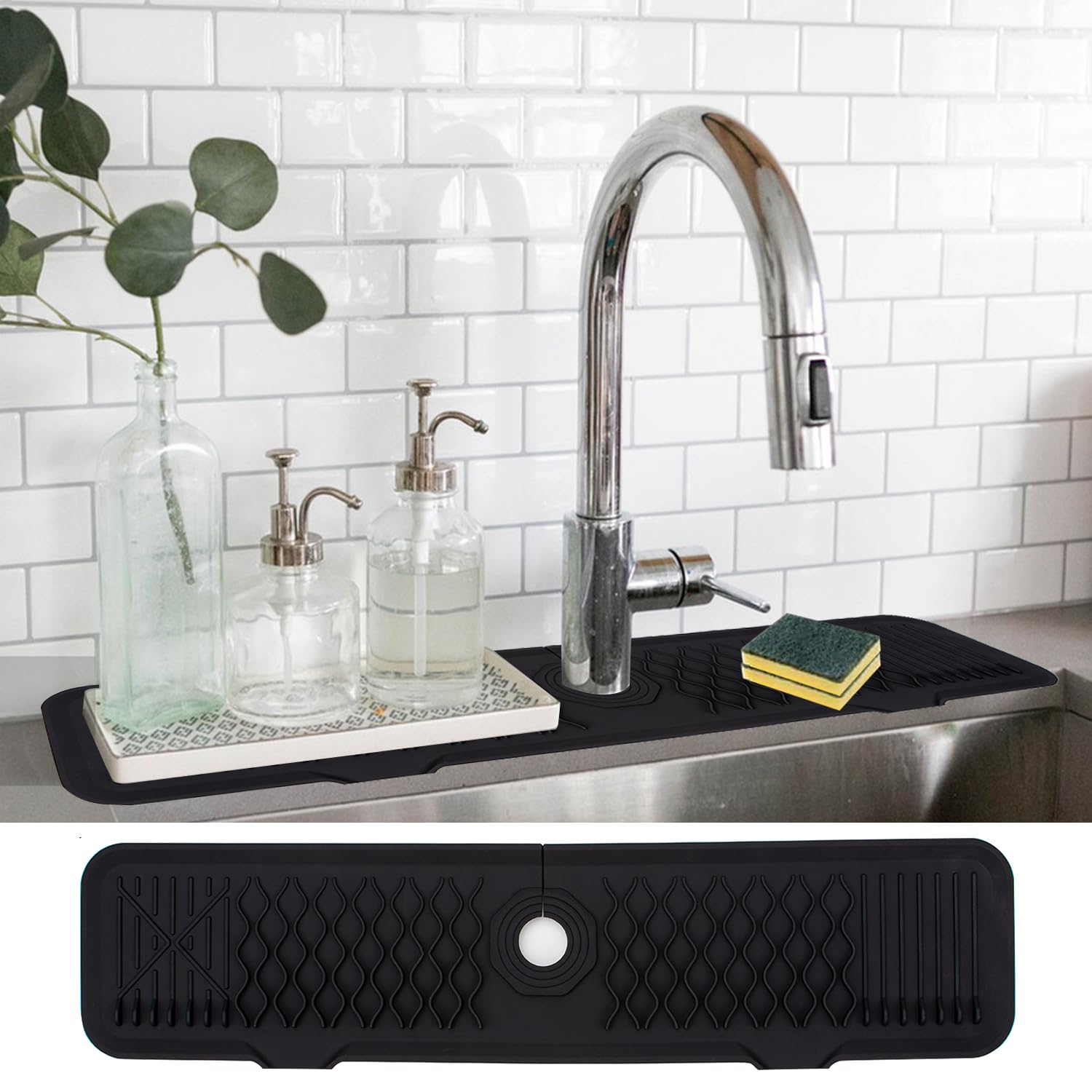 Kitchen Sink Splash Guard, 24" x 5.7" Black Silicone Draining Mat for ...