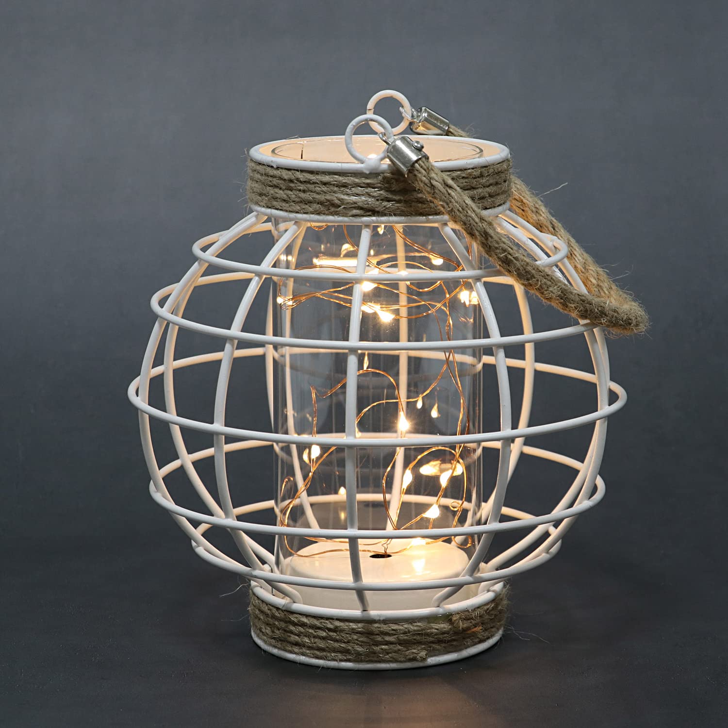 Snapklik.com : 7.5 White Battery Operated Metal Cage Lantern