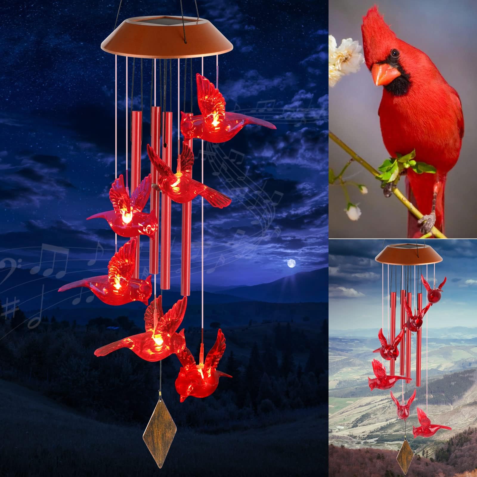 Amazon.com : Vency Solar Red Bird Wind Chimes, Color Changing Solar ...