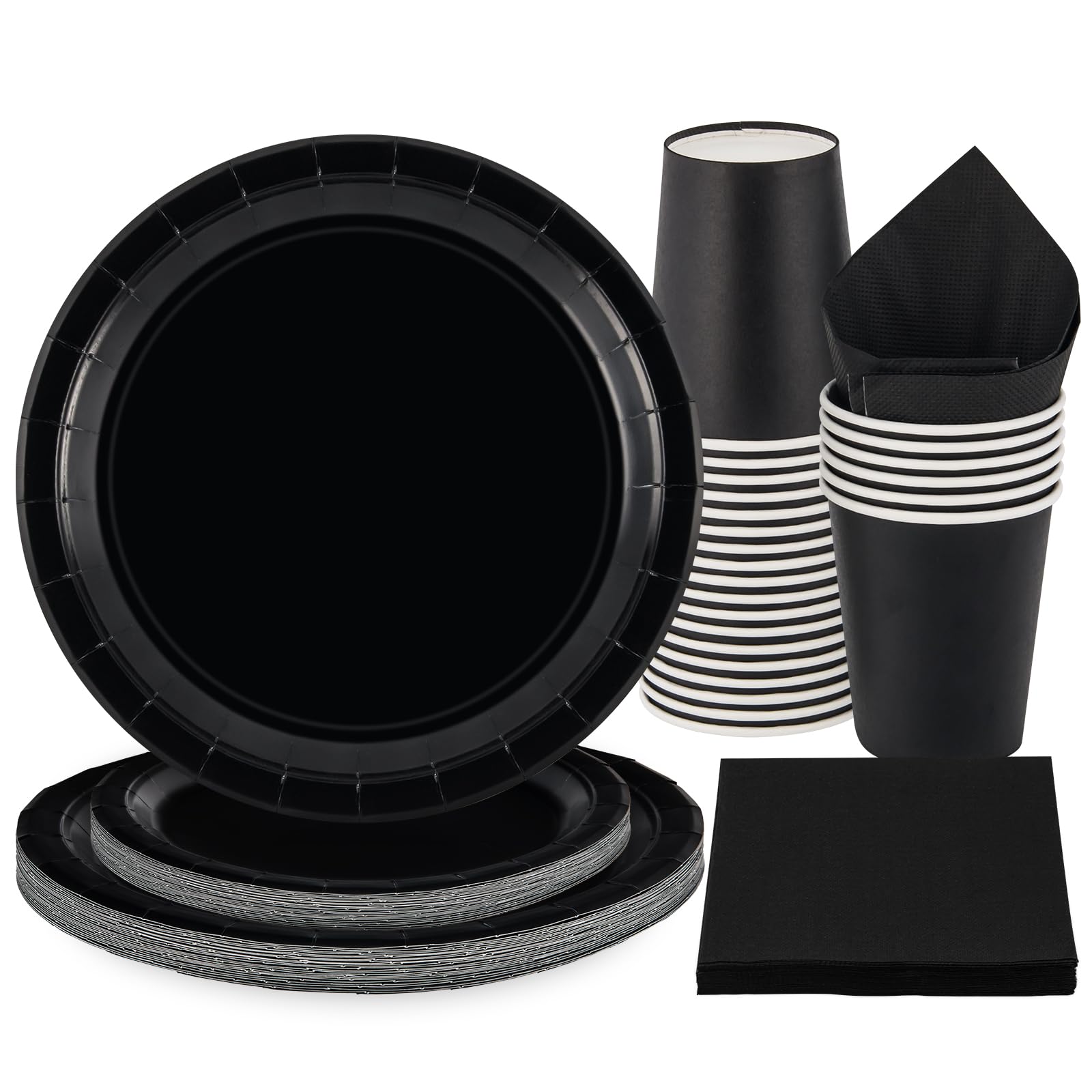 PARTY GO 96 Pcs Black Tableware Set, Paper Plates Cups and Napkins ...