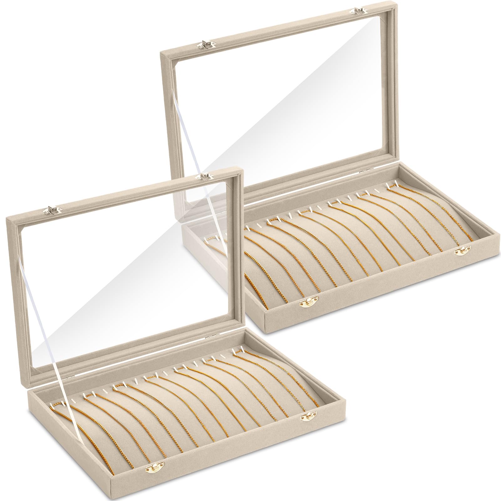 2 Pieces Glass Lid Necklace Organizer Box 20 Hooks Velvet Jewelry Tray ...