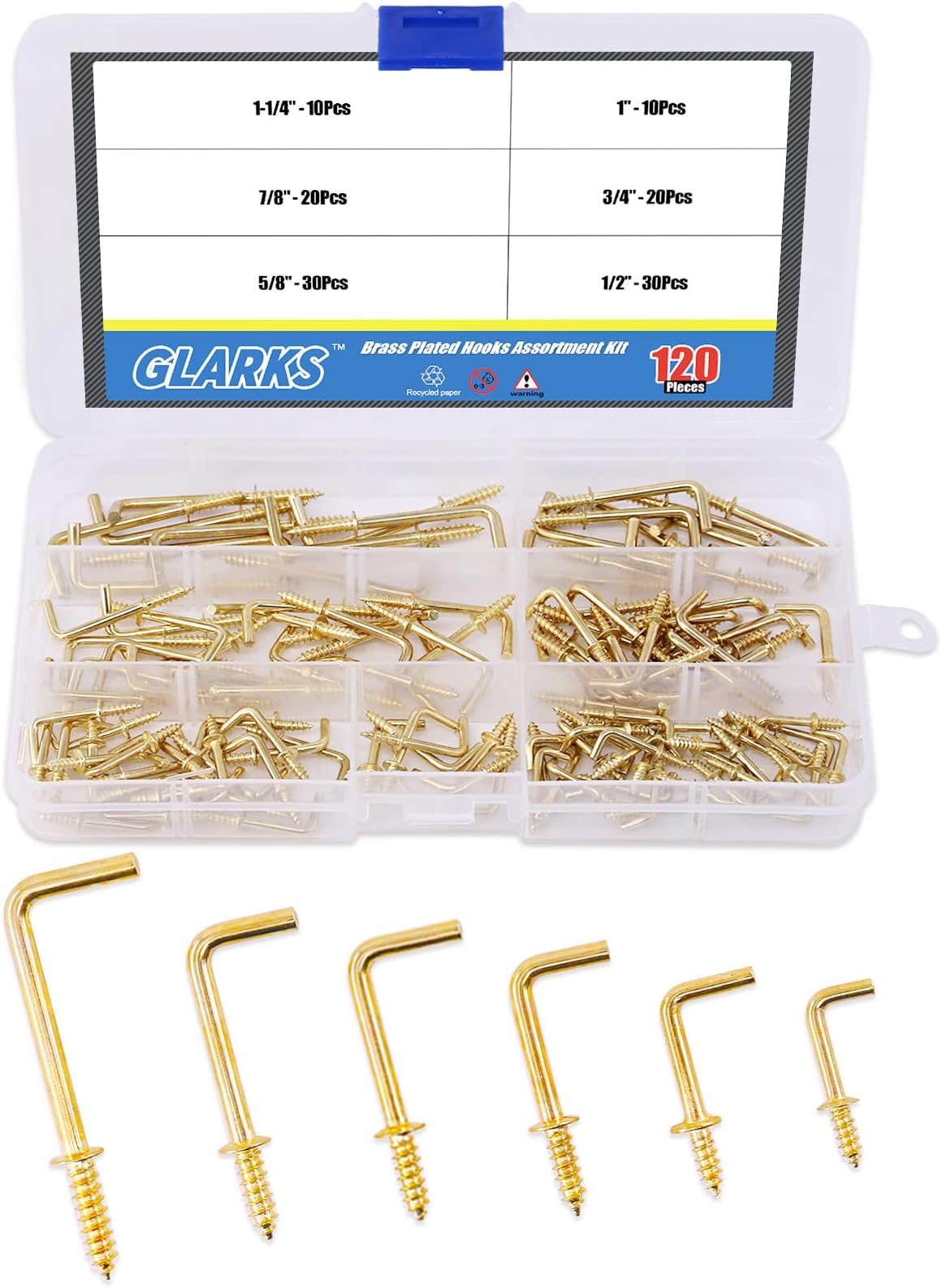Amazon.com: Glarks 120-Pieces 6 Size Brass Plated Square Hooks Lag ...